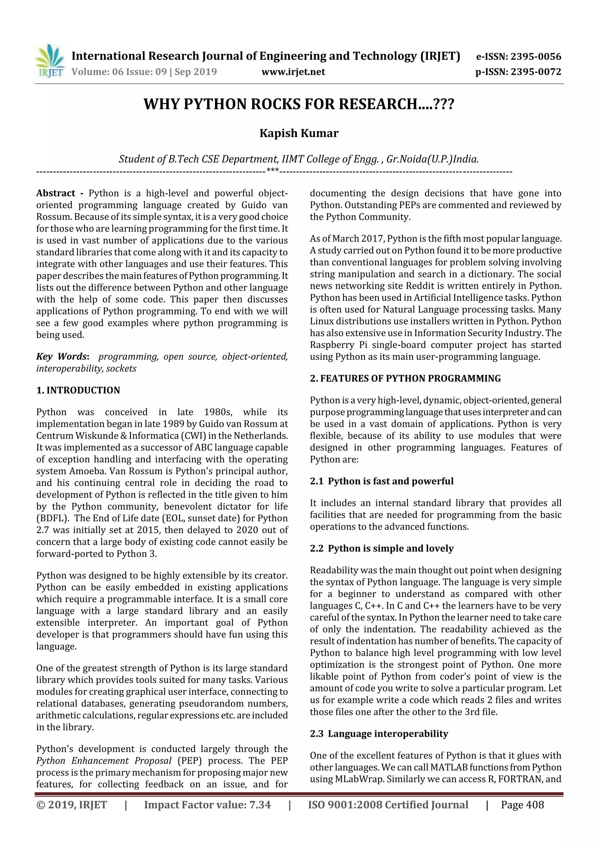 IRJET- Why Python Rocks for Research....??? | PDF