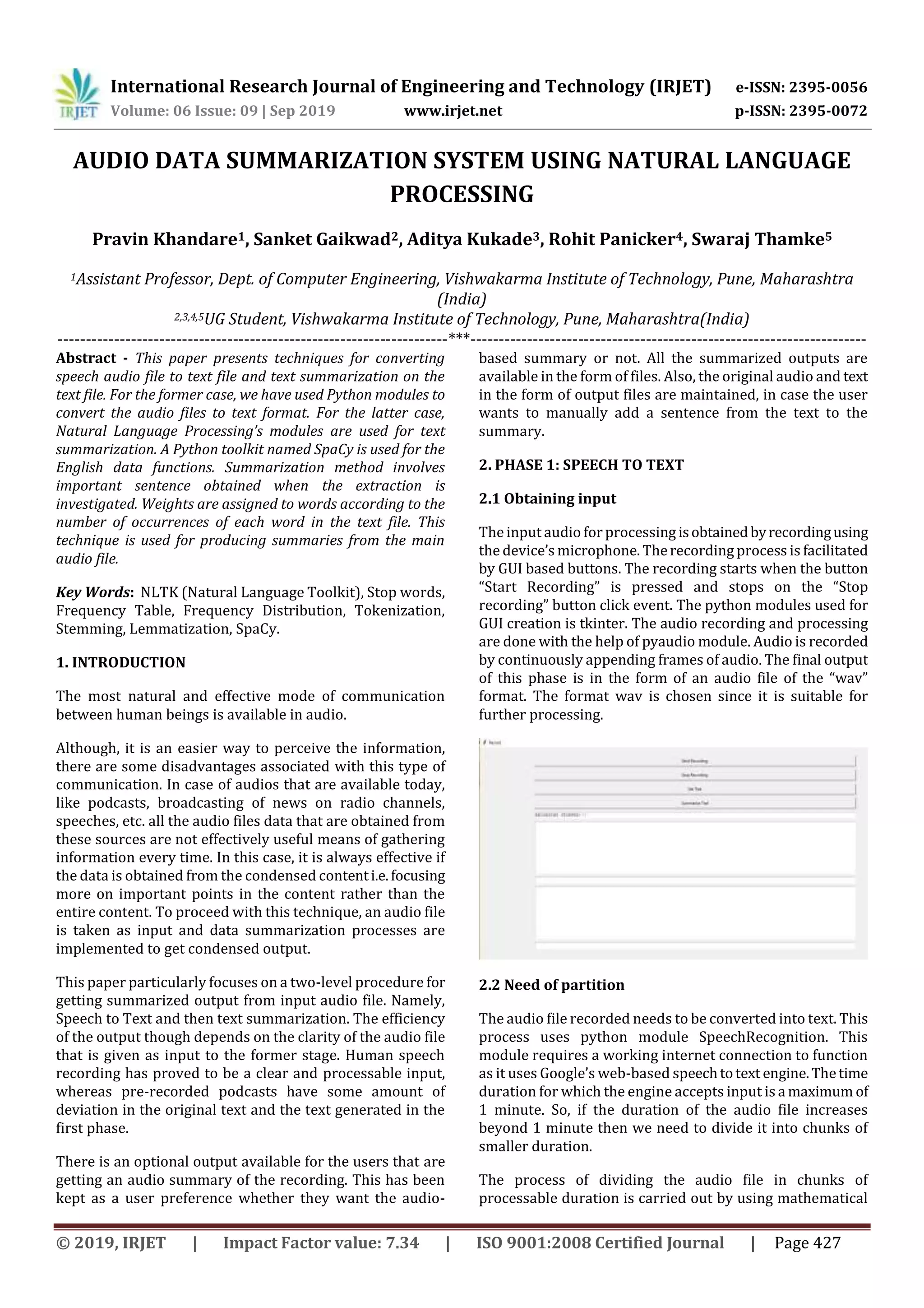 IRJET- Audio Data Summarization System using Natural Language Processing | PDF