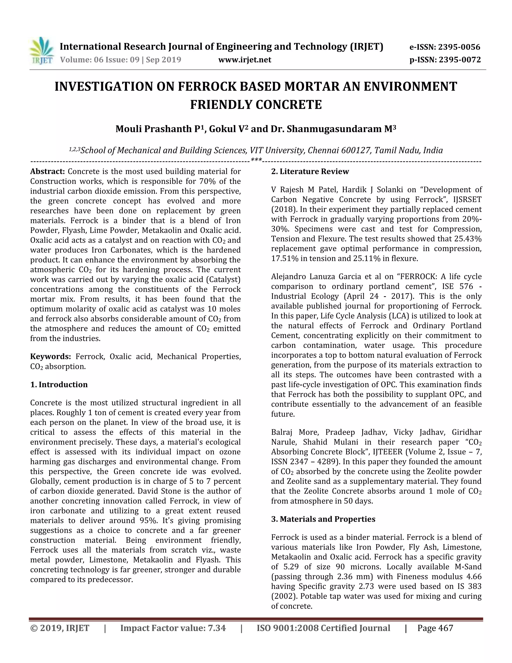 IRJET- Investigation on Ferrock based Mortar an Environment Friendly Concrete | PDF