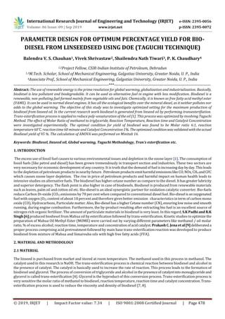 IRJET- Parameter Design for Optimum Percentage Yield for Bio-Diesel ...