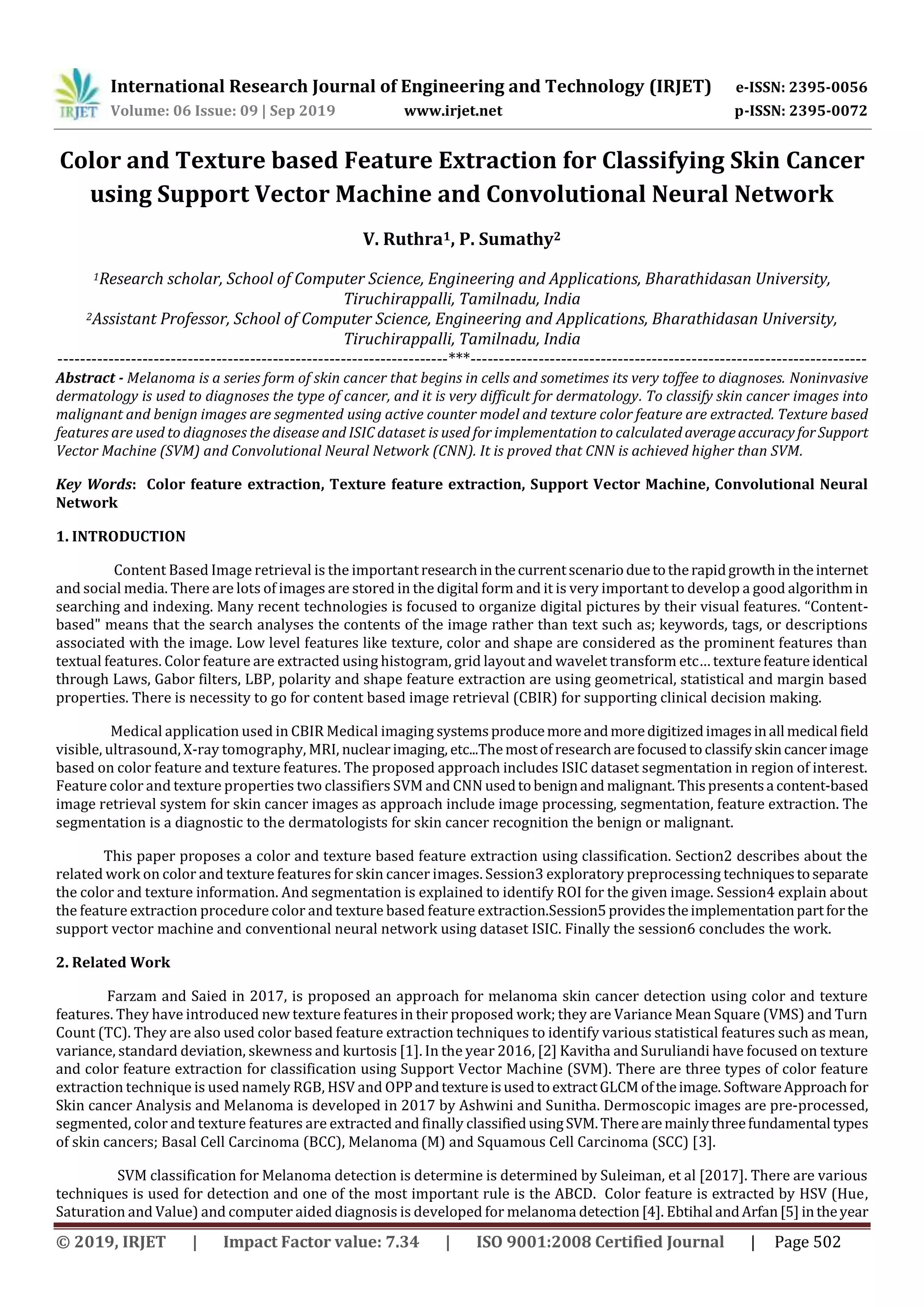Irjet Color And Texture Based Feature Extraction For Classifying Skin Cancer Using Support