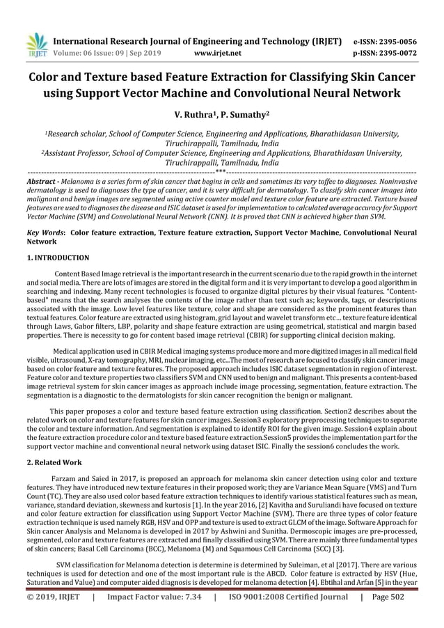 IRJET- Color and Texture based Feature Extraction for Classifying Skin Cancer using Support ...
