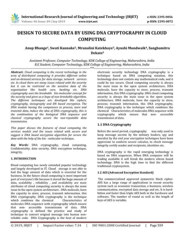 IRJET- Design to Secure Data by using DNA Cryptography in Cloud Computing | PDF