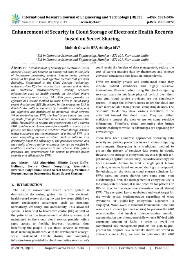 IRJET- Enhancement of Security in Cloud Storage of Electronic Health Records based on Secret ...