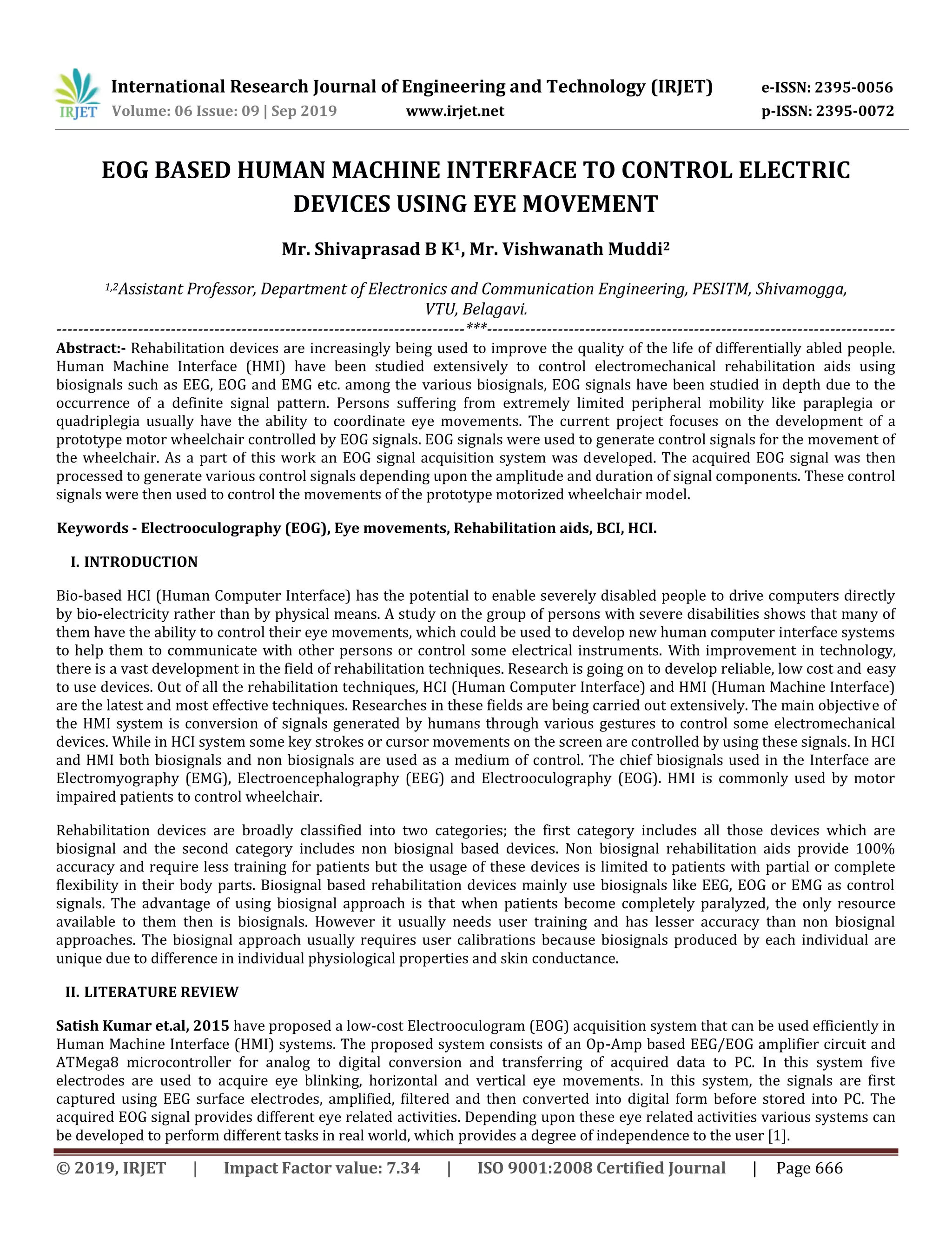 IRJET- EOG based Human Machine Interface to Control Electric Devices using Eye Movement | PDF