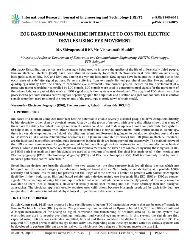IRJET- EOG based Human Machine Interface to Control Electric Devices using Eye Movement | PDF