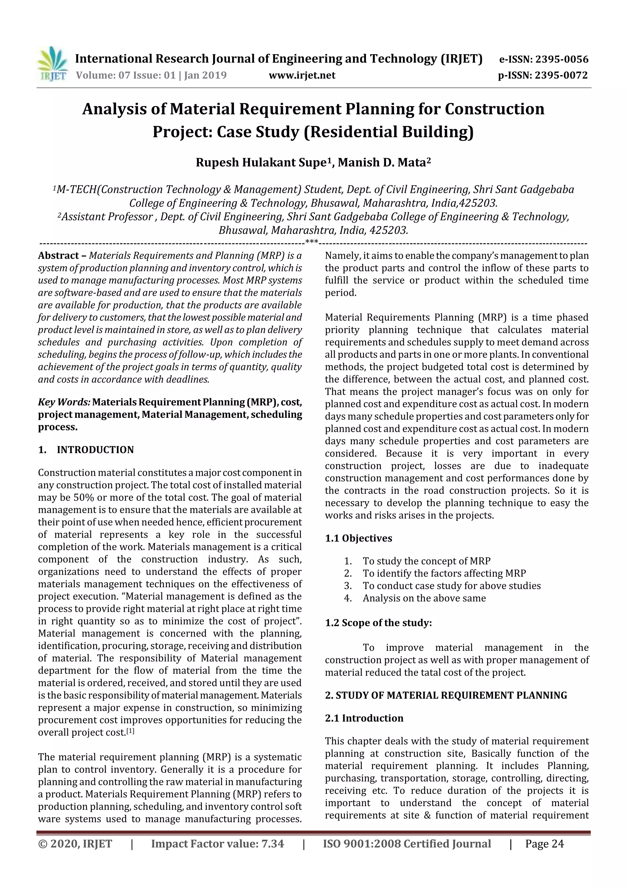 IRJET- Analysis of Material Requirement Planning for Construction Project : Case Study ...