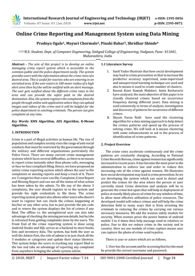 Irjet Online Crime Reporting And Management System Using Data Mining Pdf 