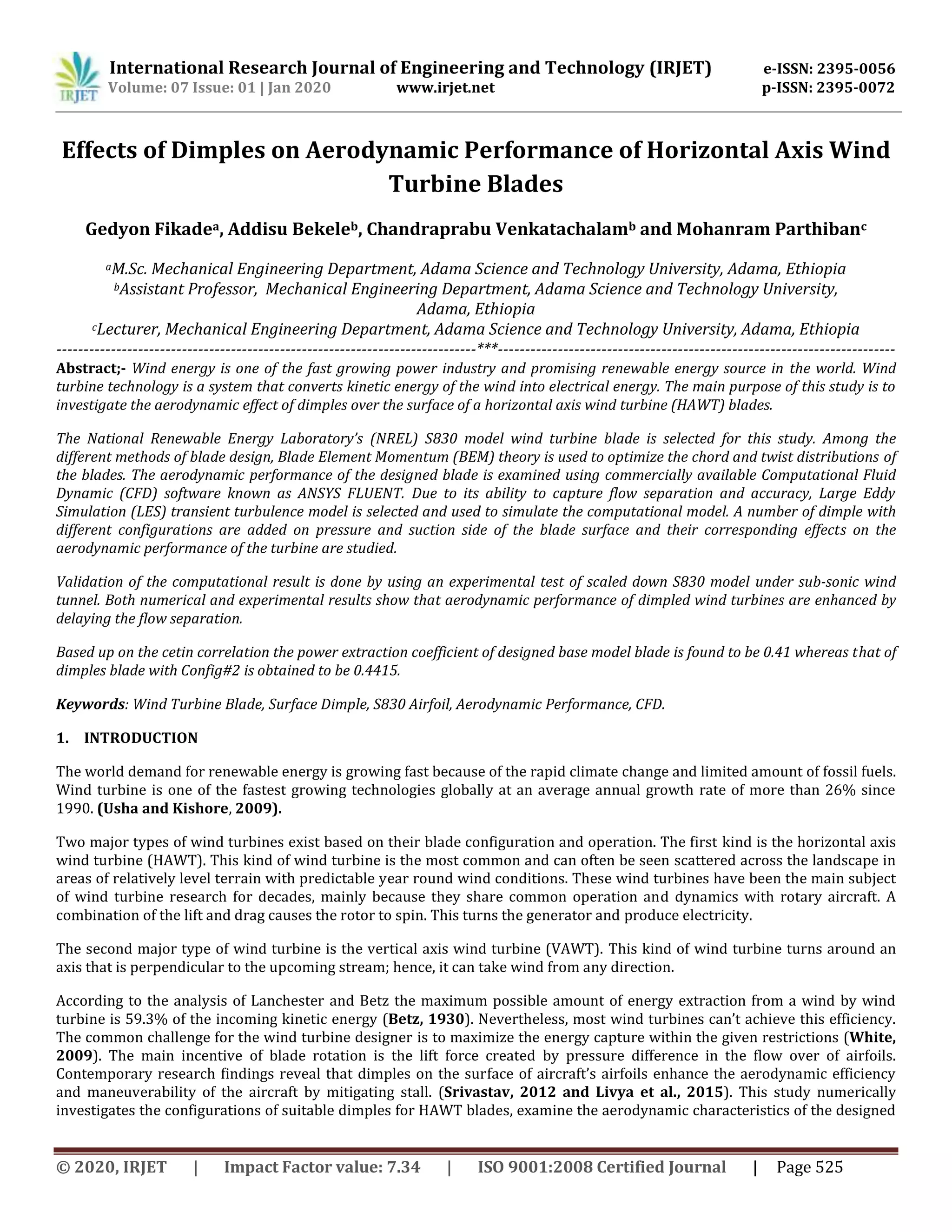 IRJET- Effects of Dimples on Aerodynamic Performance of Horizontal Axis ...