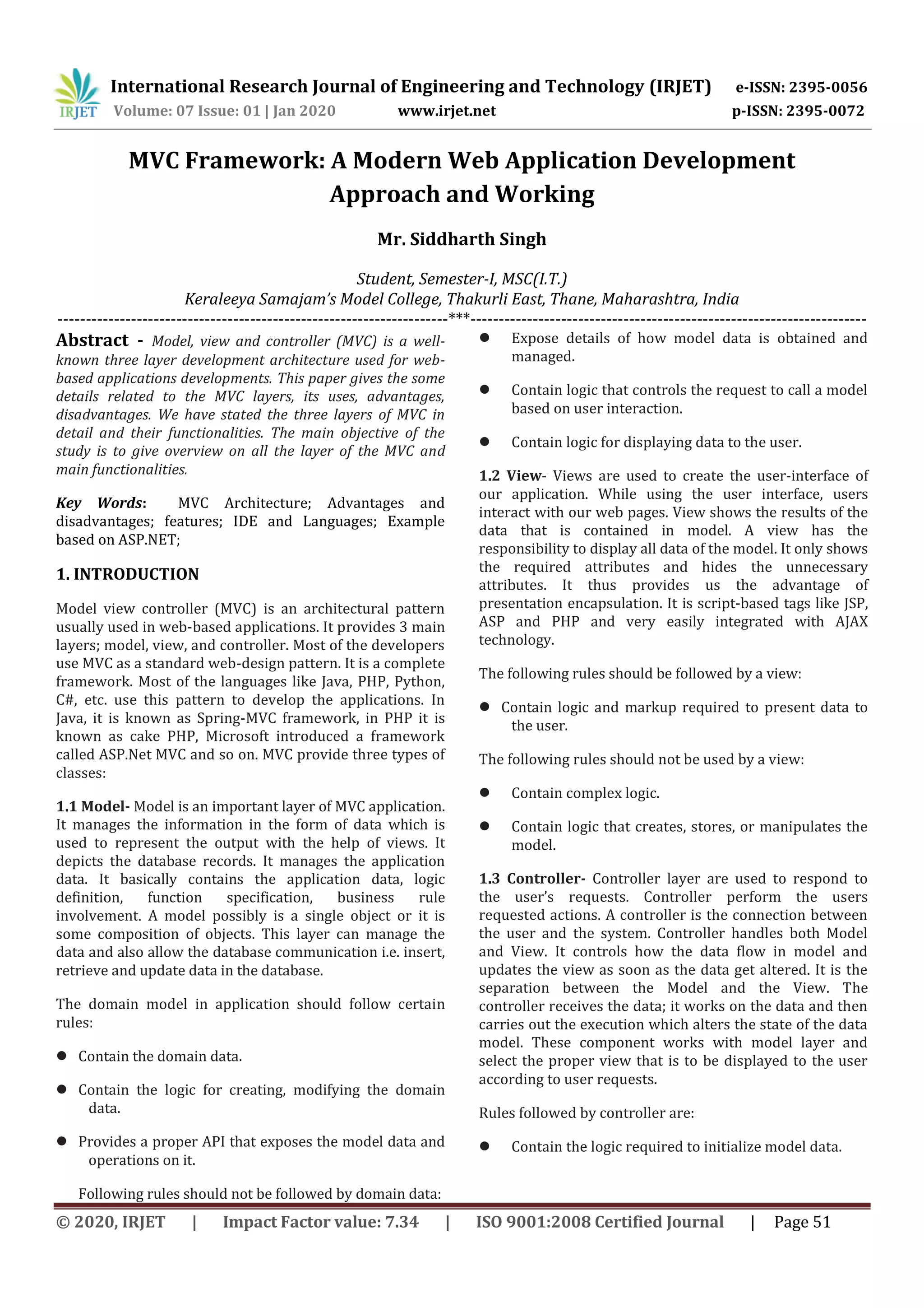 Irjet Mvc Framework A Modern Web Application Development Approach And