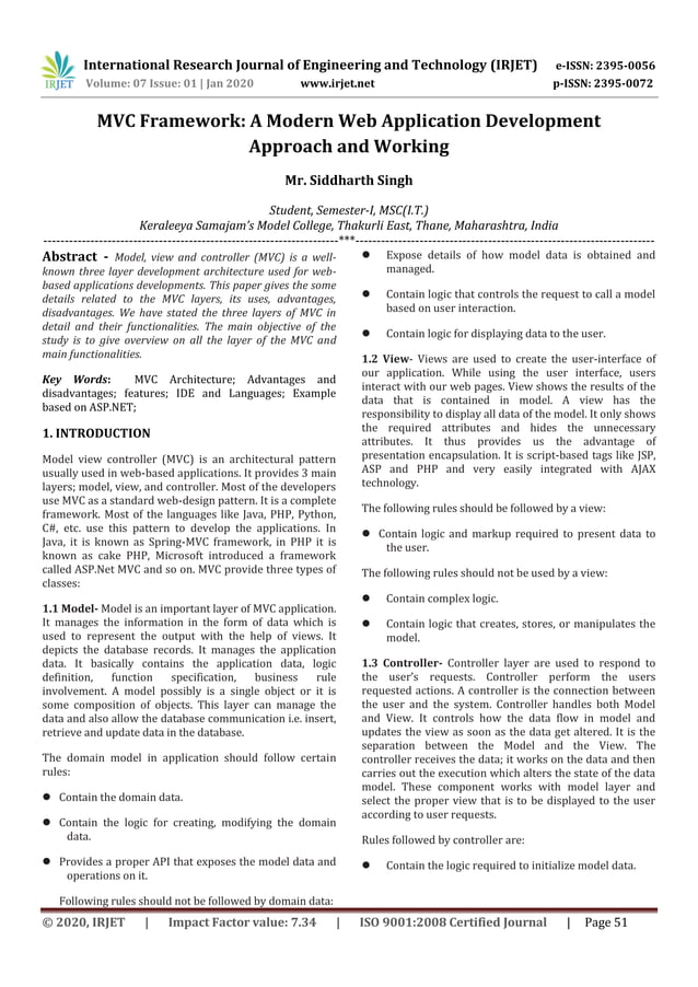 IRJET- MVC Framework: A Modern Web Application Development Approach and Working | PDF