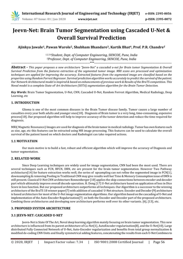 Irjet Jeevn Net Brain Tumor Segmentation Using Cascaded U Net And Overall Survival Prediction Pdf