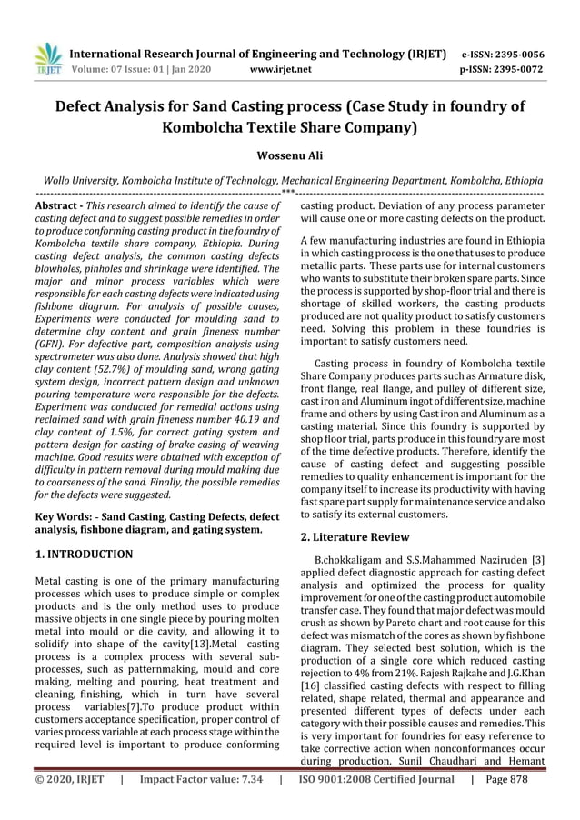 IRJET- Defect Analysis for Sand Casting Process (Case Study in Foundry of Kombolcha Textile ...