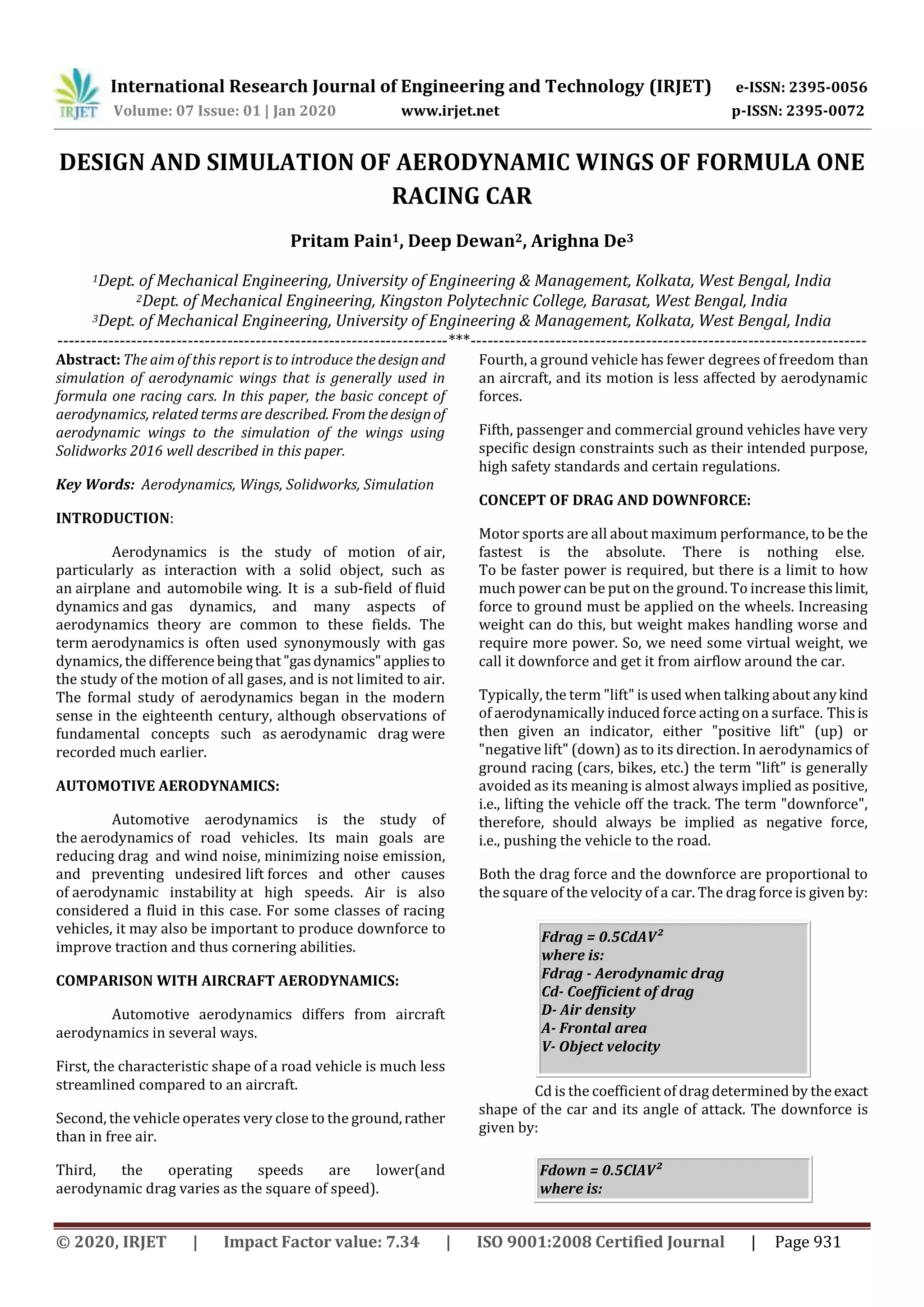 IRJET- Design and Simulation of Aerodynamic Wings of Formula One Racing Car | PDF