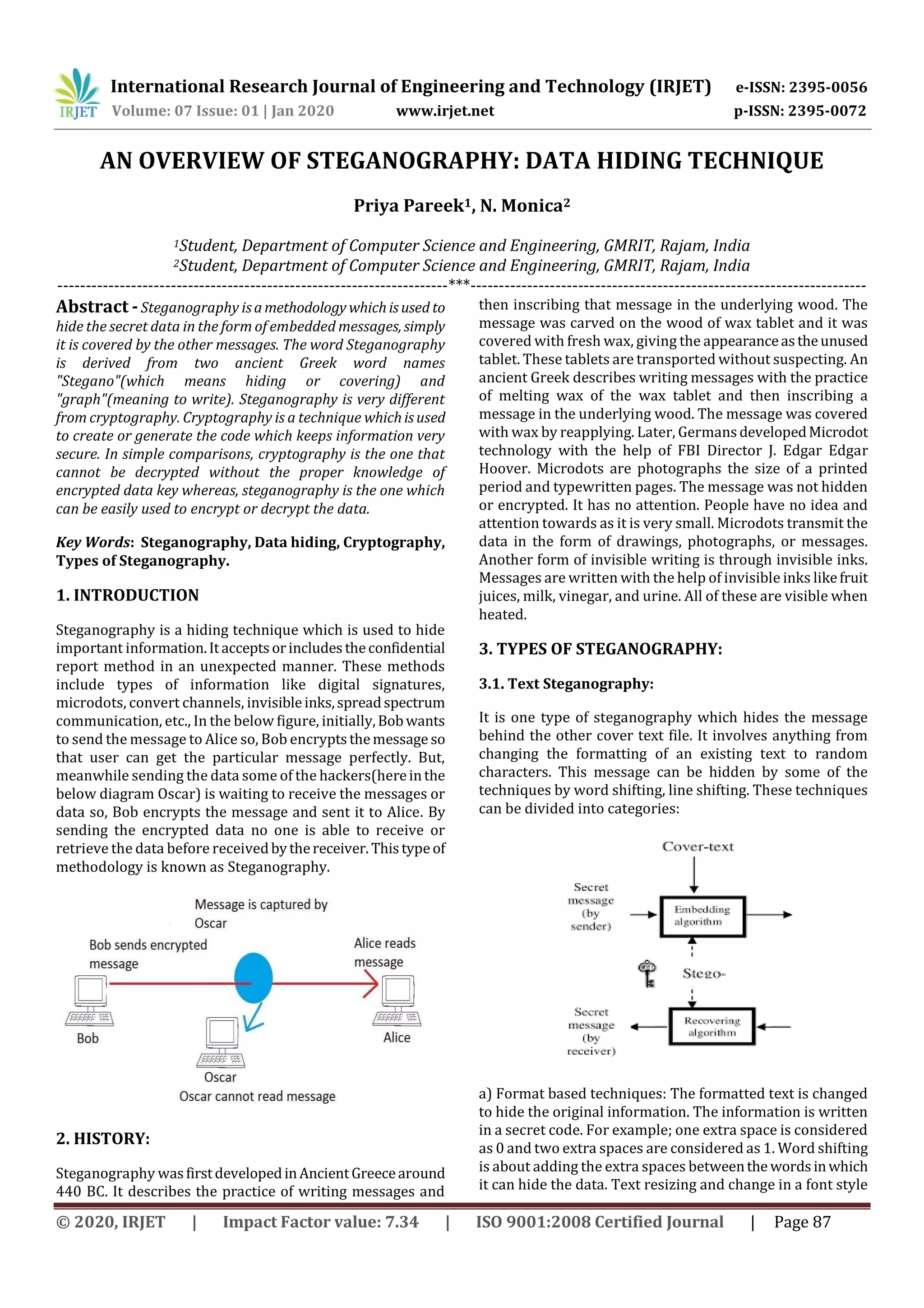 IRJET- An Overview of Steganography : Data Hiding Technique | PDF