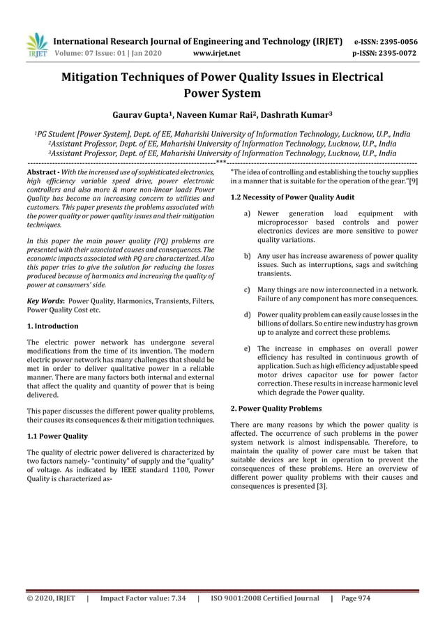 Irjet Mitigation Techniques Of Power Quality Issues In Electrical Power System Pdf