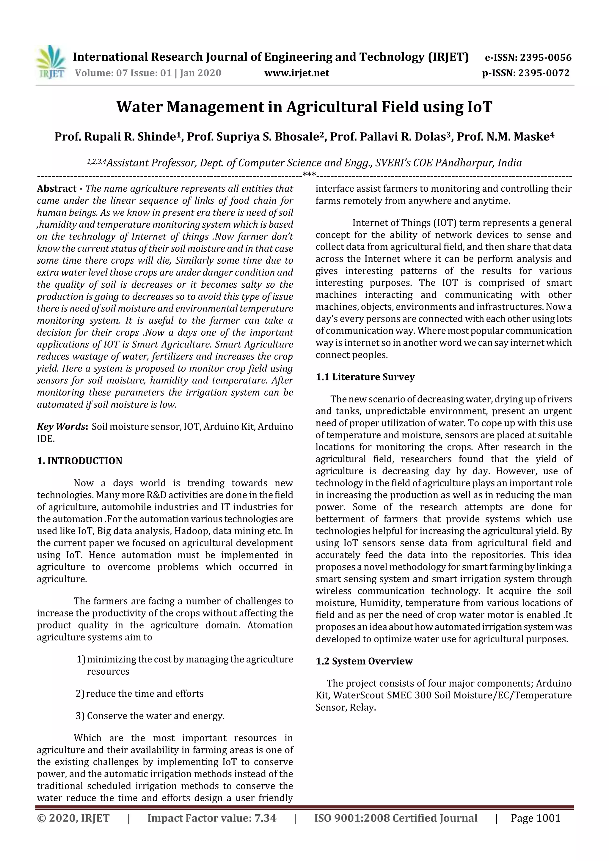 IRJET- Water Management in Agricultural Field using IoT | PDF