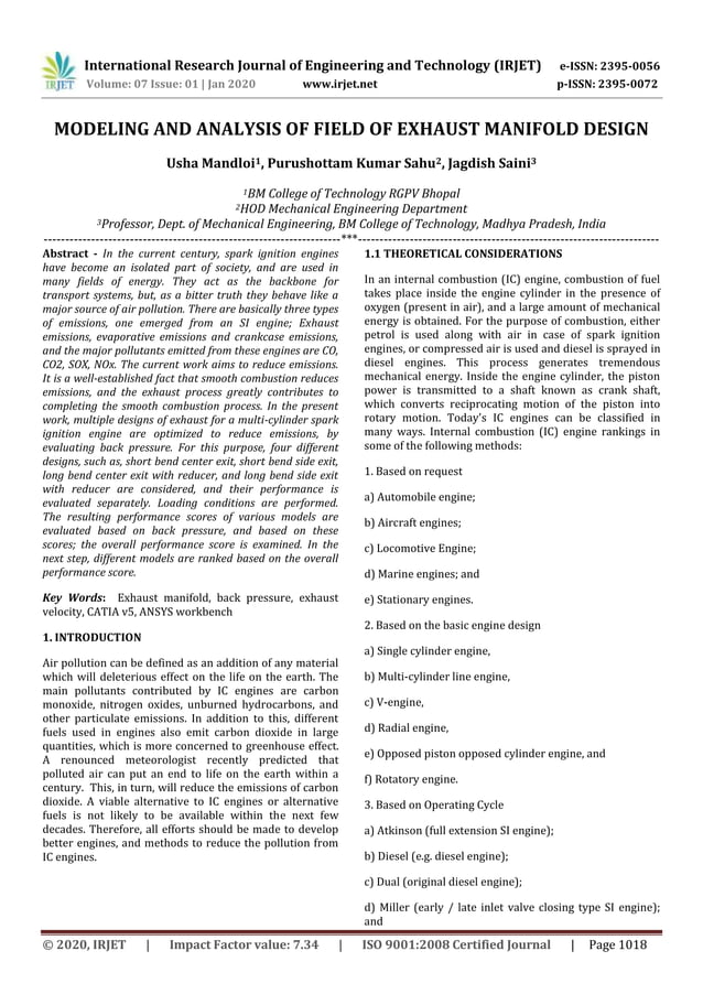 IRJET- Modeling and Analysis of Field of Exhaust Manifold Design | PDF