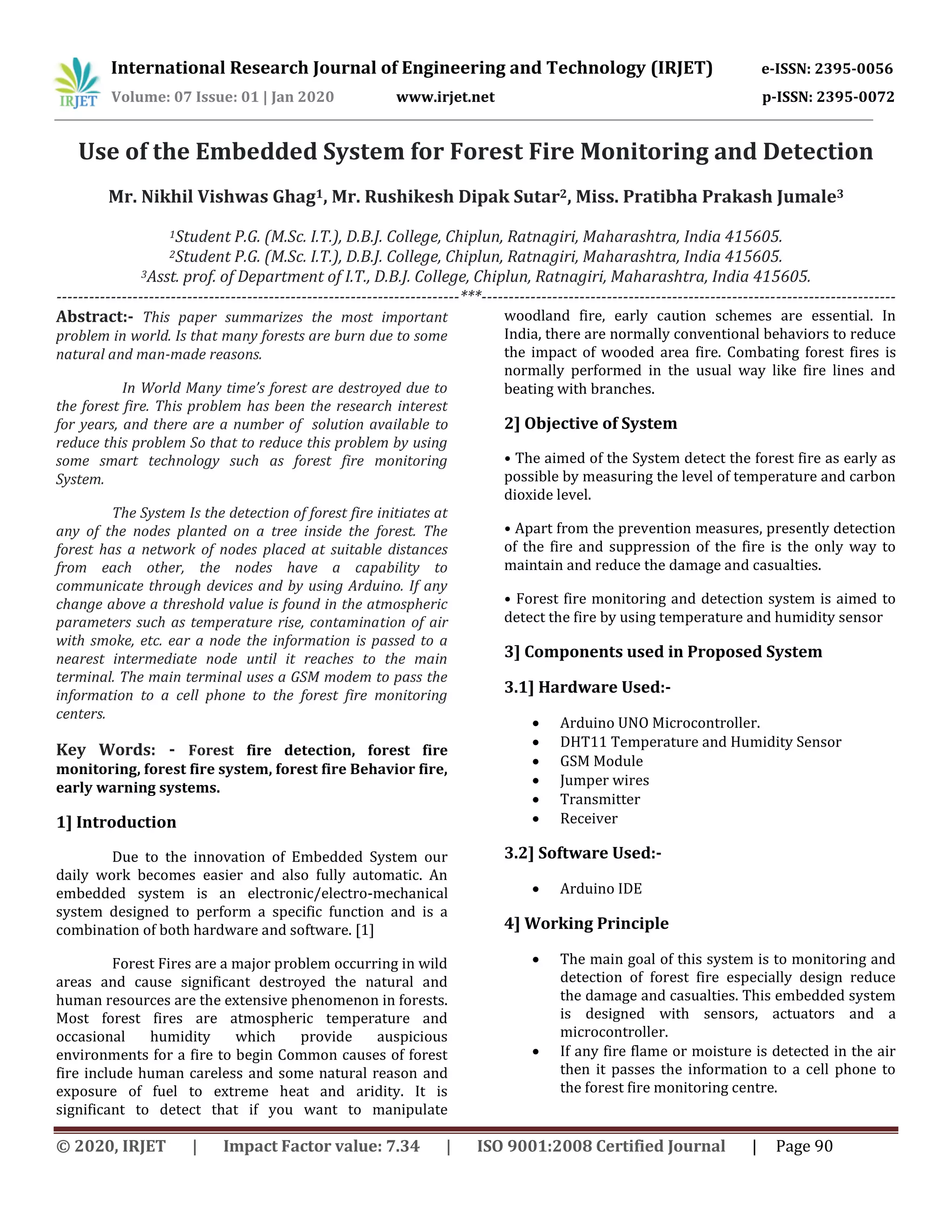 IRJET- Use of the Embedded System for Forest Fire Monitoring and Detection | PDF