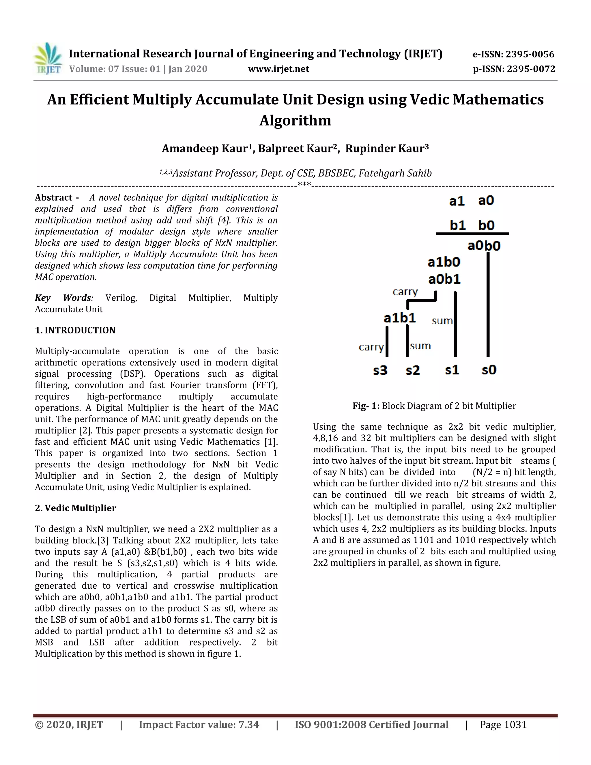 IRJET- An Efficient Multiply Accumulate Unit Design using Vedic Mathematics Algorithm | PDF