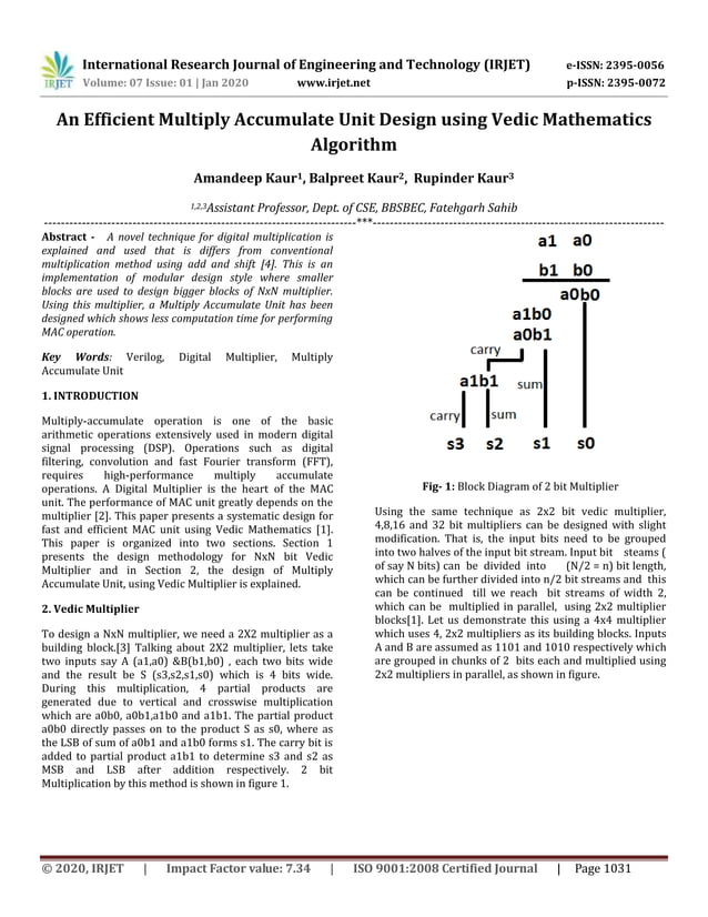 IRJET- An Efficient Multiply Accumulate Unit Design using Vedic Mathematics Algorithm | PDF