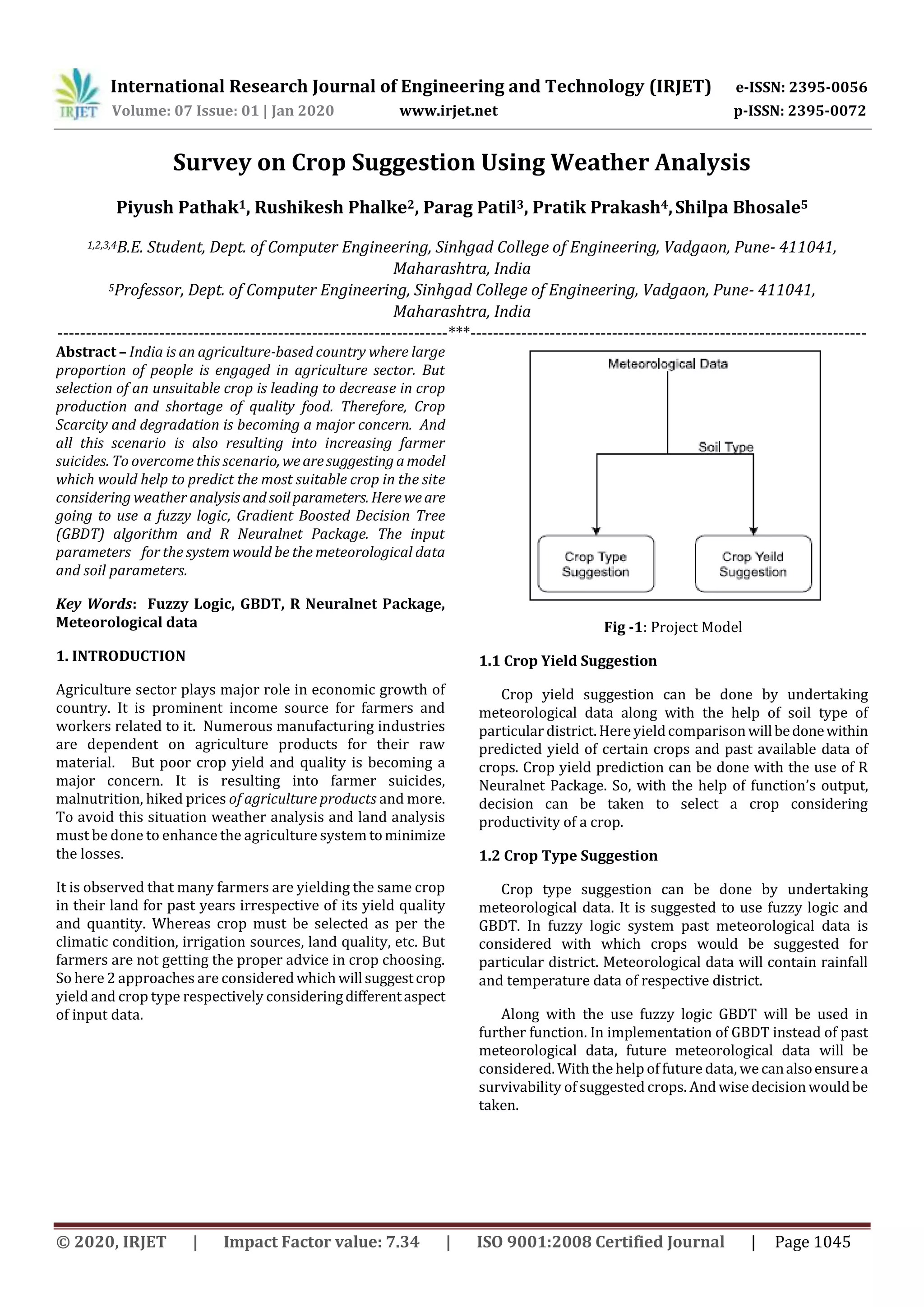 IRJET- Survey on Crop Suggestion using Weather Analysis | PDF