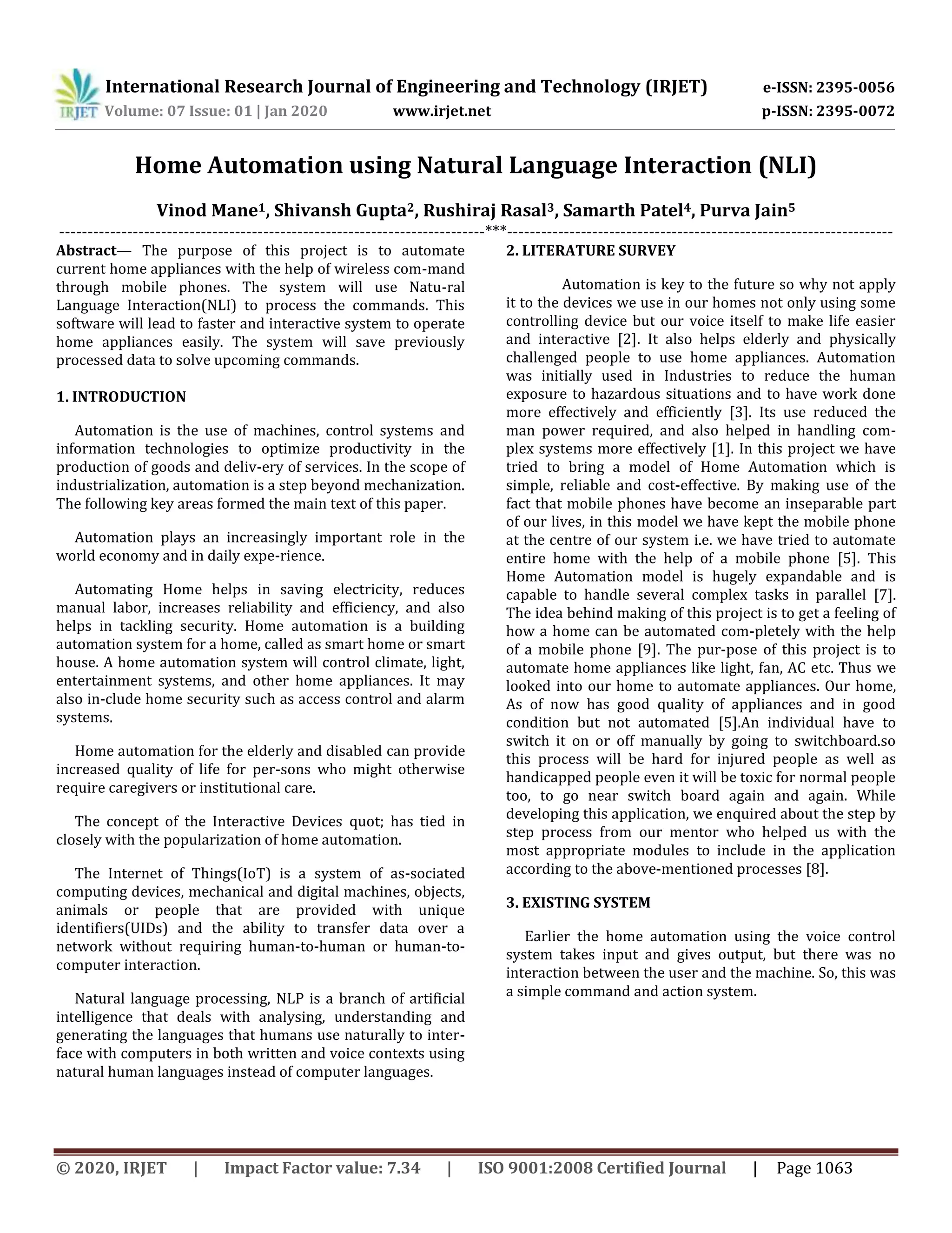 IRJET- Home Automation using Natural Language Interaction(NLI) | PDF