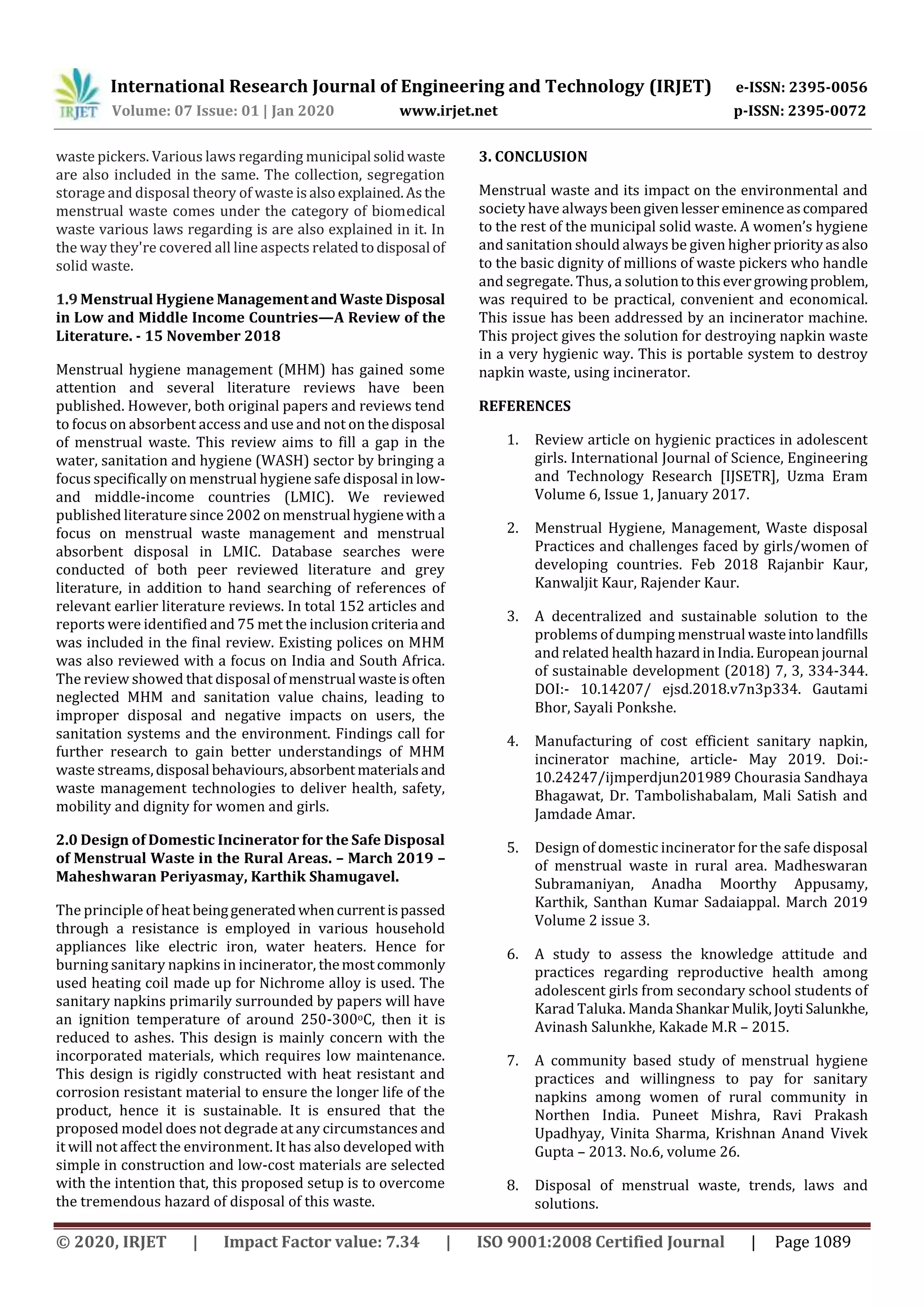 IRJET- Review on Sanitary Waste Disposal using Cost Efficient ...