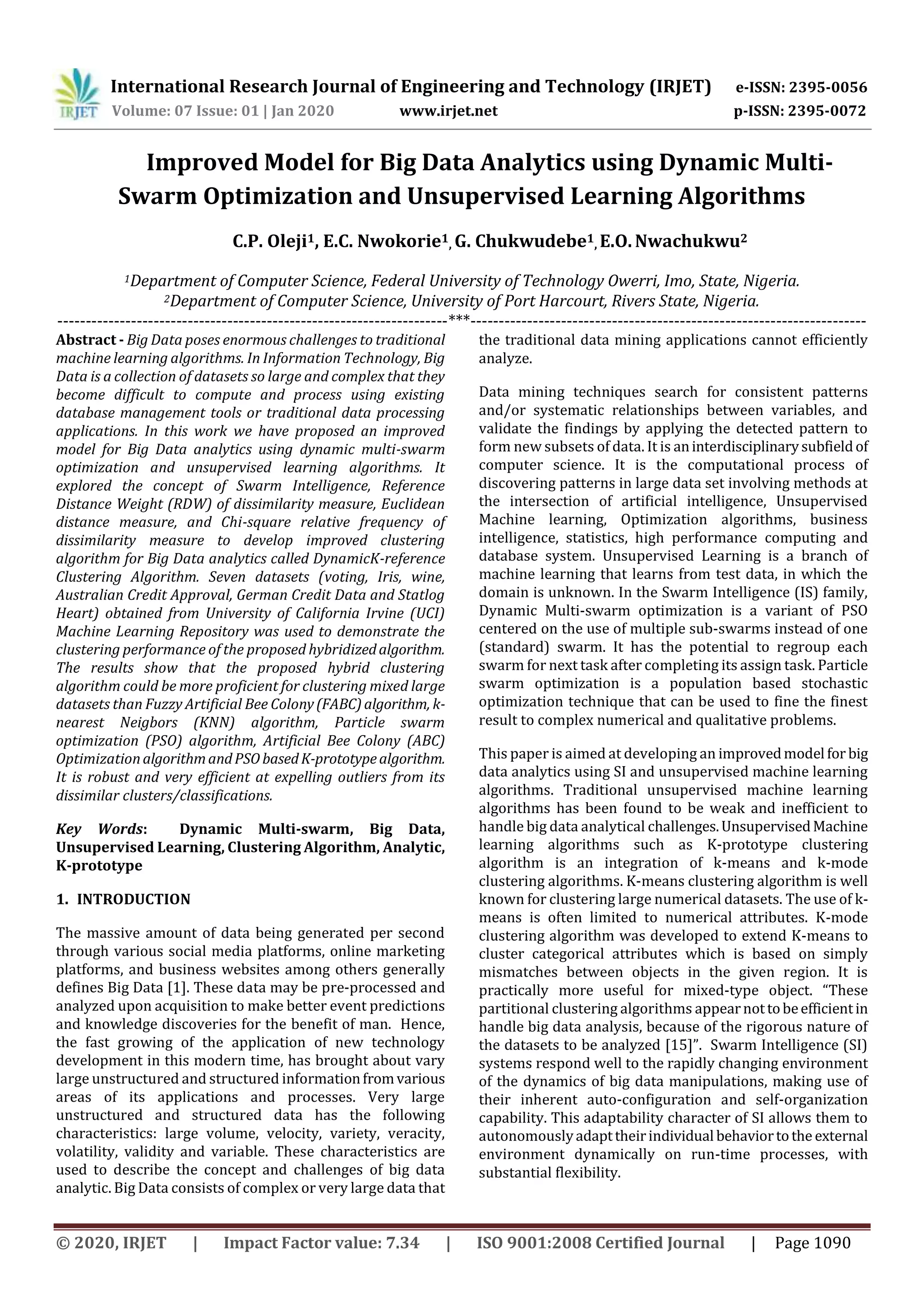 Irjet Improved Model For Big Data Analytics Using Dynamic Multi Swarm