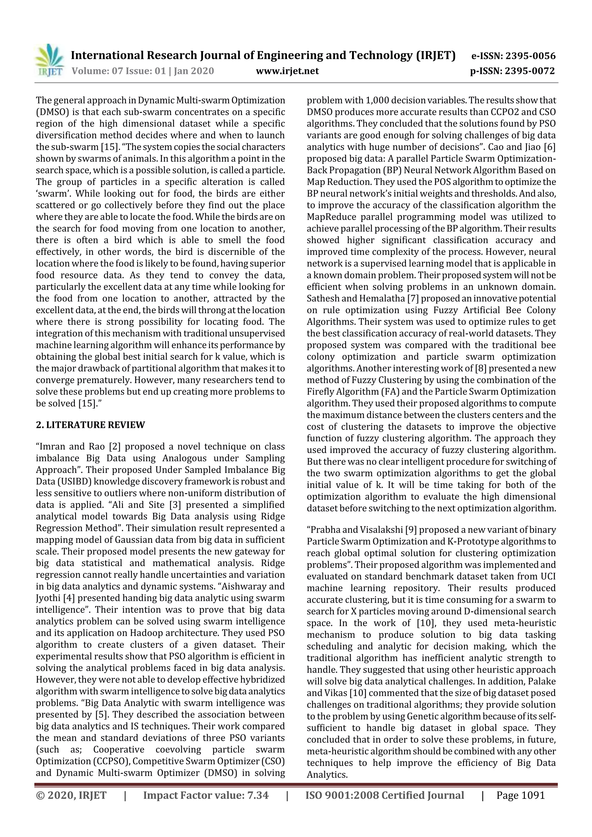Irjet Improved Model For Big Data Analytics Using Dynamic Multi Swarm