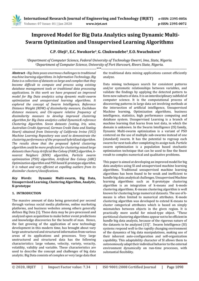 IRJET- Improved Model for Big Data Analytics using Dynamic Multi-Swarm Optimization and ...