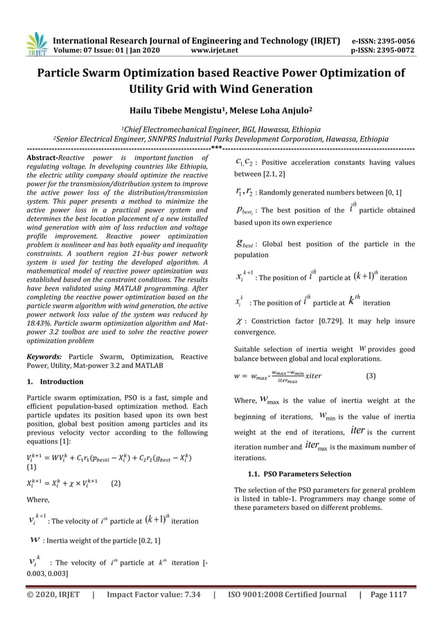 IRJET- Particle Swarm Optimization based Reactive Power Optimization of Utility Grid with Wind ...