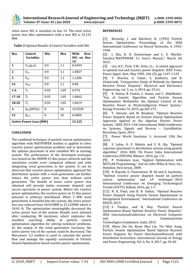 IRJET- Particle Swarm Optimization based Reactive Power Optimization of Utility Grid with Wind ...