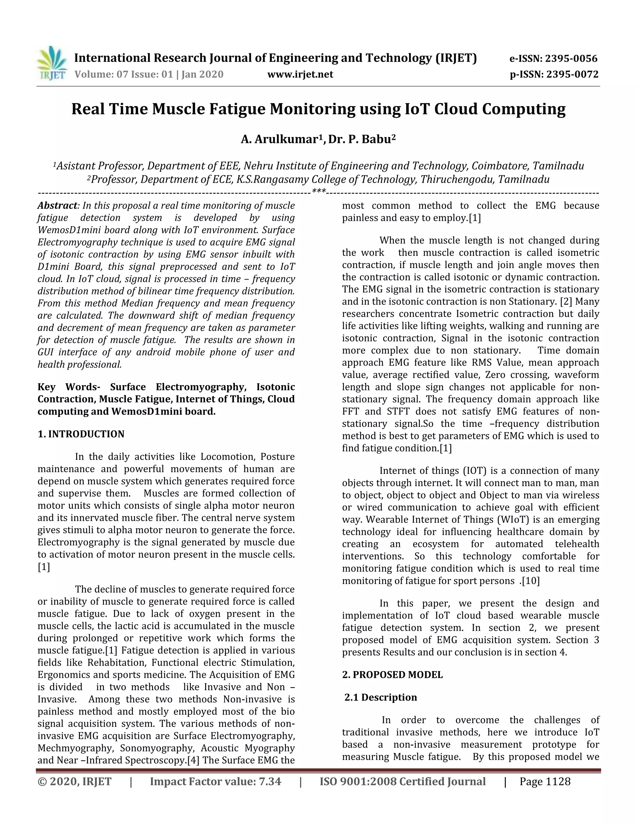 IRJET - Real Time Muscle Fatigue Monitoring using IoT Cloud Computing | PDF