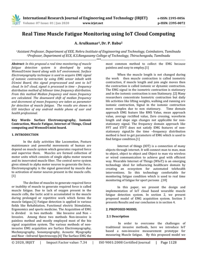 IRJET - Real Time Muscle Fatigue Monitoring using IoT Cloud Computing | PDF