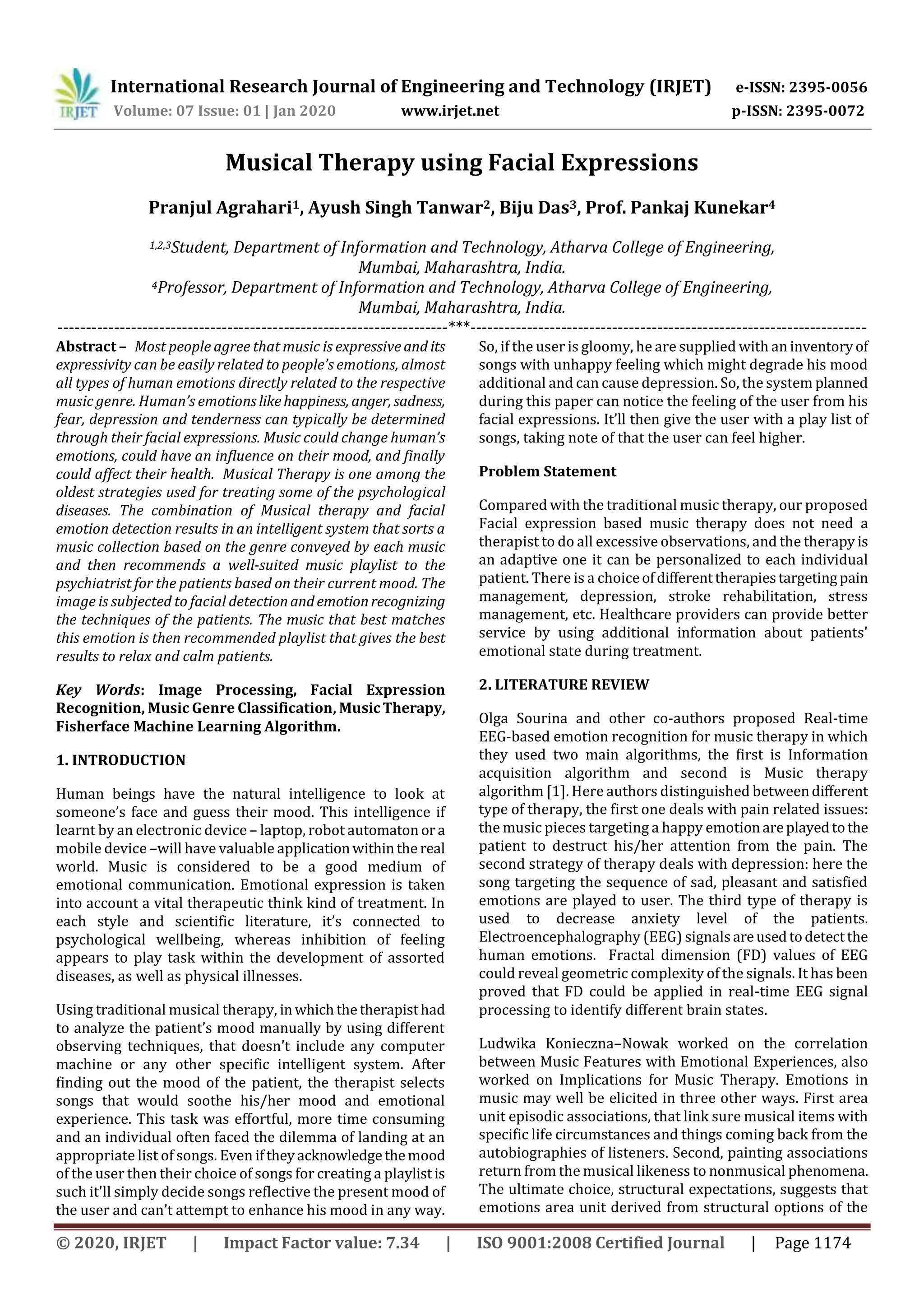 IRJET- Musical Therapy using Facial Expressions | PDF | Music | Entertainment
