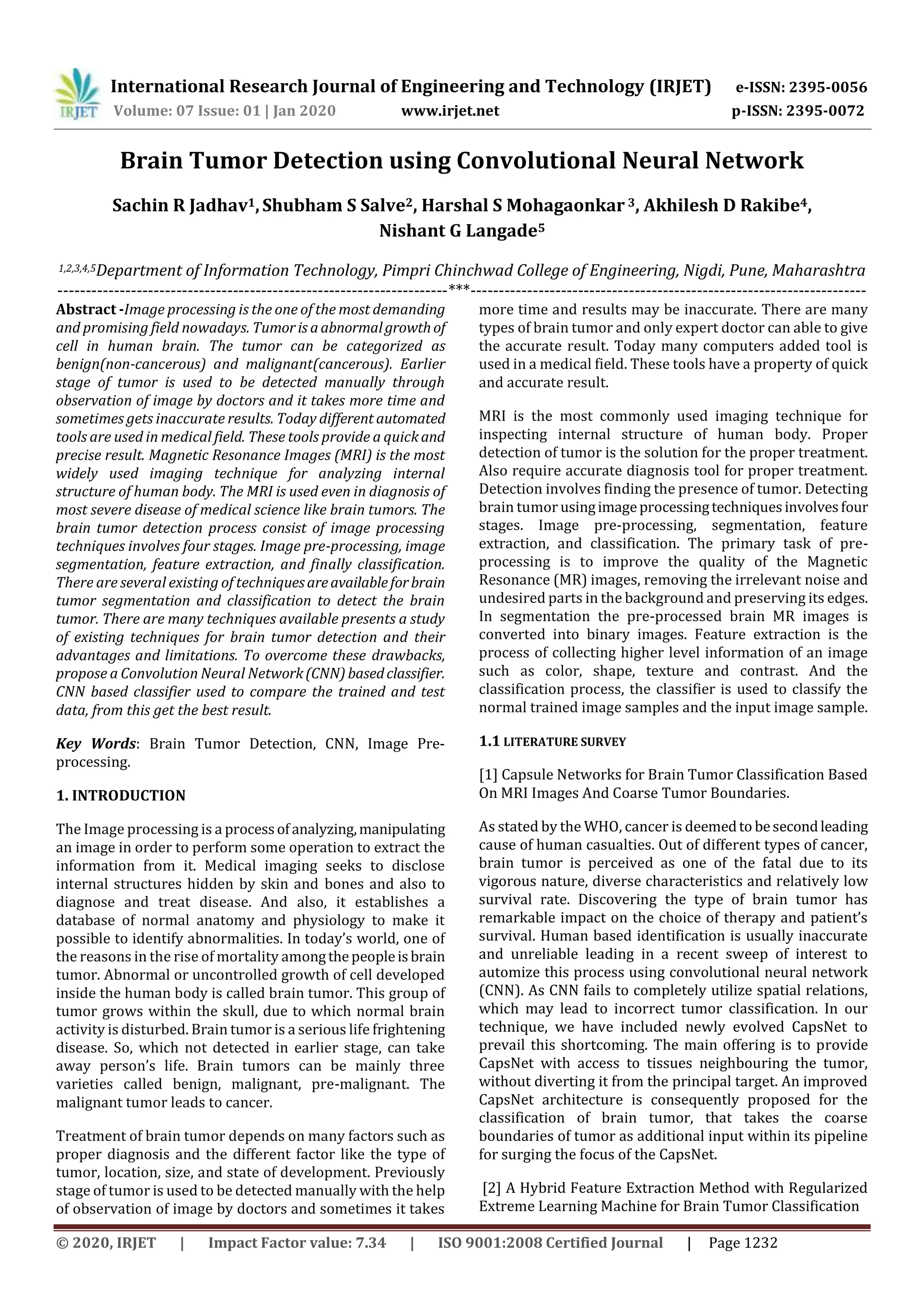 Irjet Brain Tumor Detection Using Convolutional Neural Network Pdf
