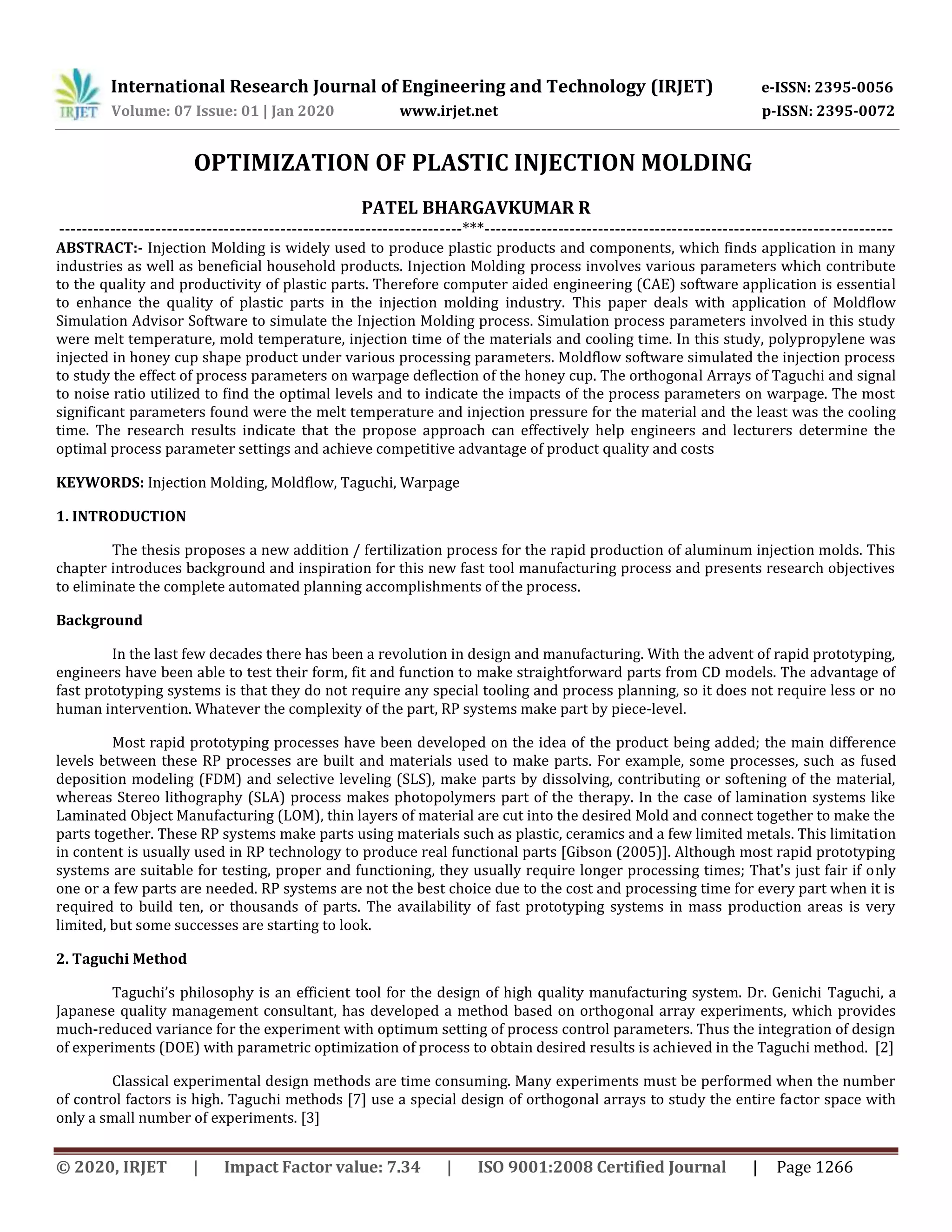IRJET- Optimization of Plastic Injection Molding | PDF