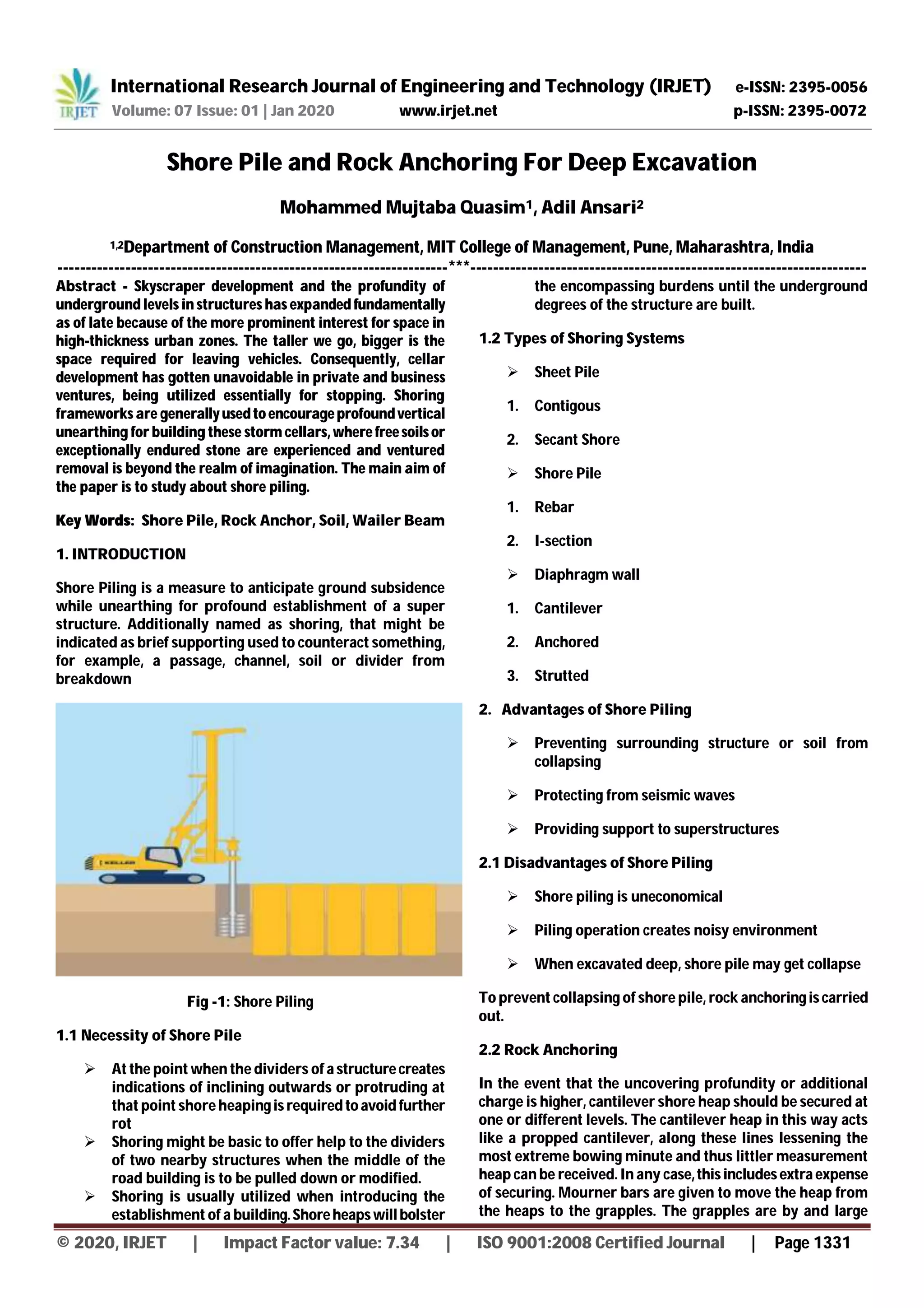 IRJET- Shore Pile and Rock Anchoring for Deep Excavation | PDF