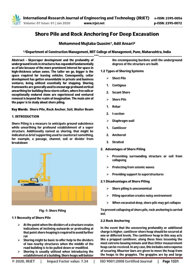 IRJET- Shore Pile and Rock Anchoring for Deep Excavation | PDF