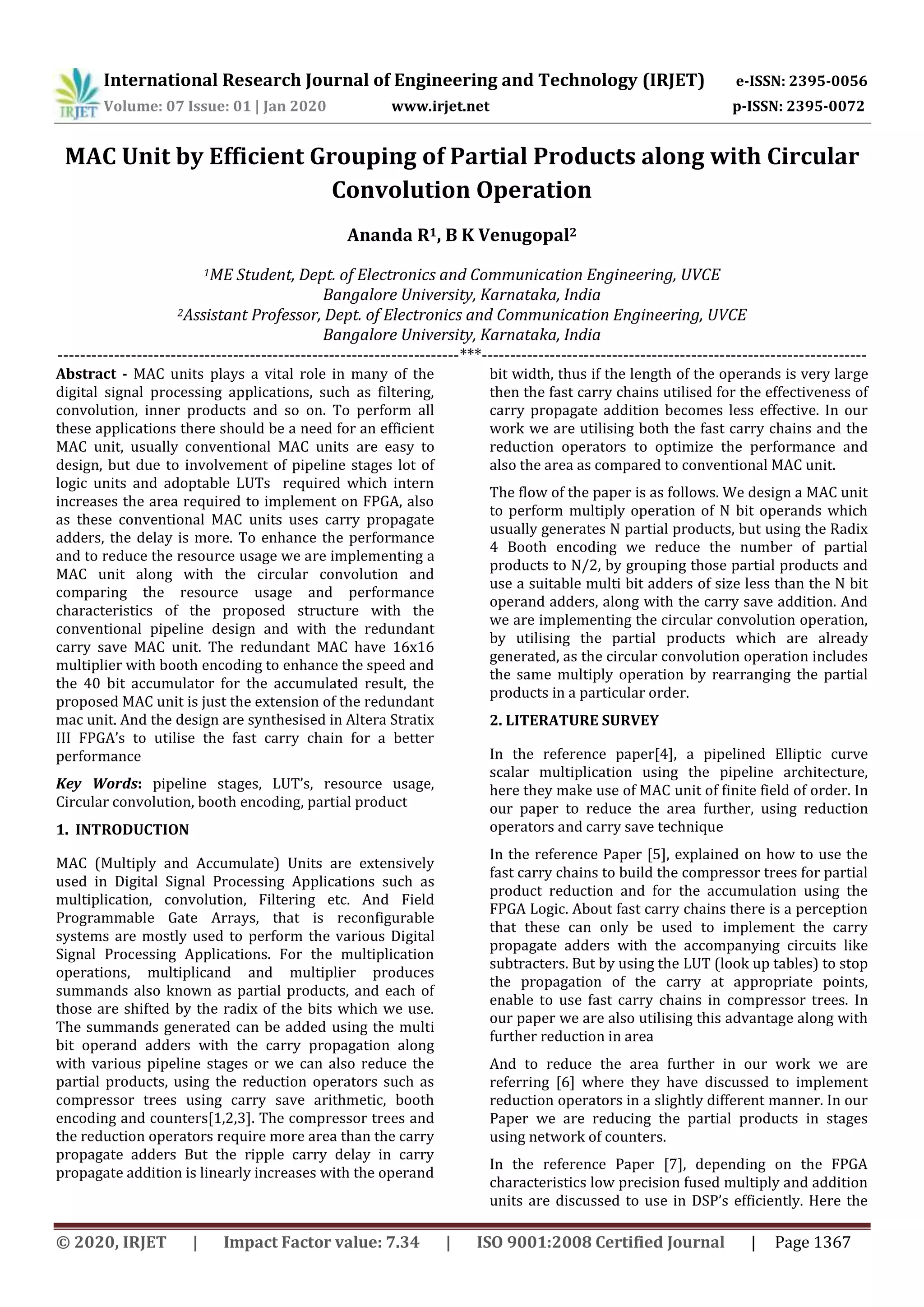 IRJET- MAC Unit by Efficient Grouping of Partial Products along with Circular Convolution ...