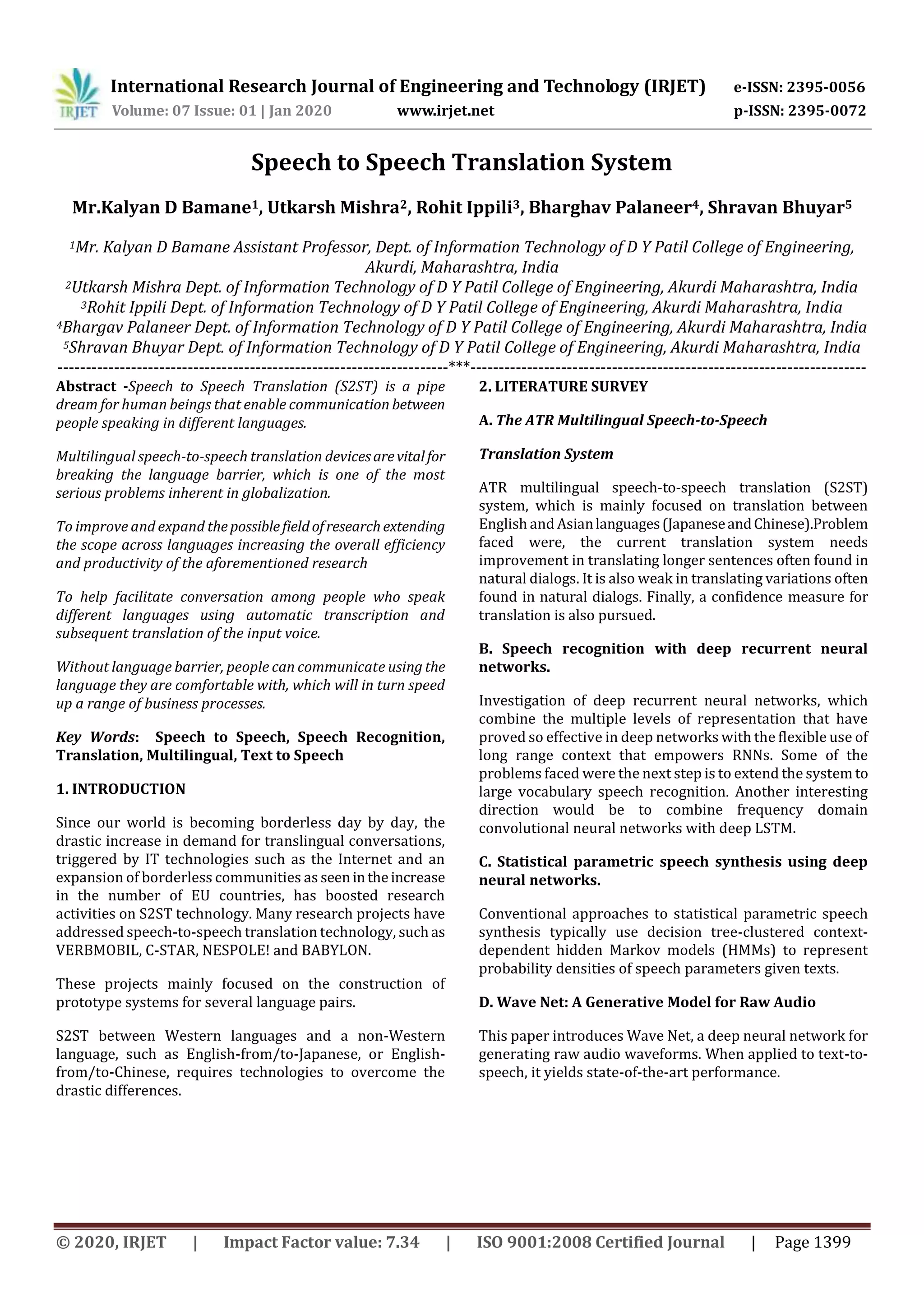 IRJET- Speech to Speech Translation System | PDF | Digital Audio | Computer Software and ...