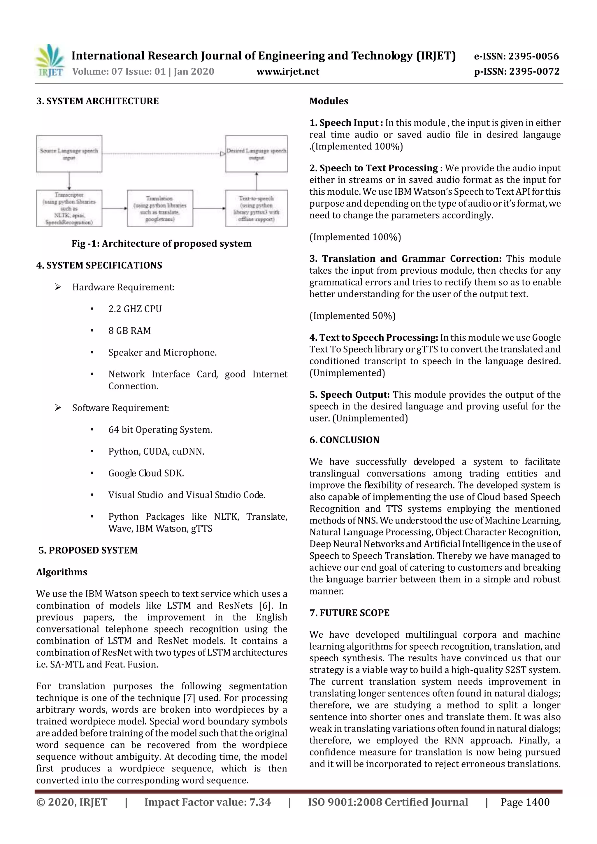 IRJET- Speech to Speech Translation System | PDF | Digital Audio | Computer Software and ...