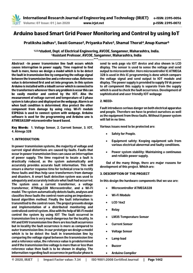 Irjet Arduino Based Smart Grid Power Monitoring And Control By Using Iot Pdf Internet Of