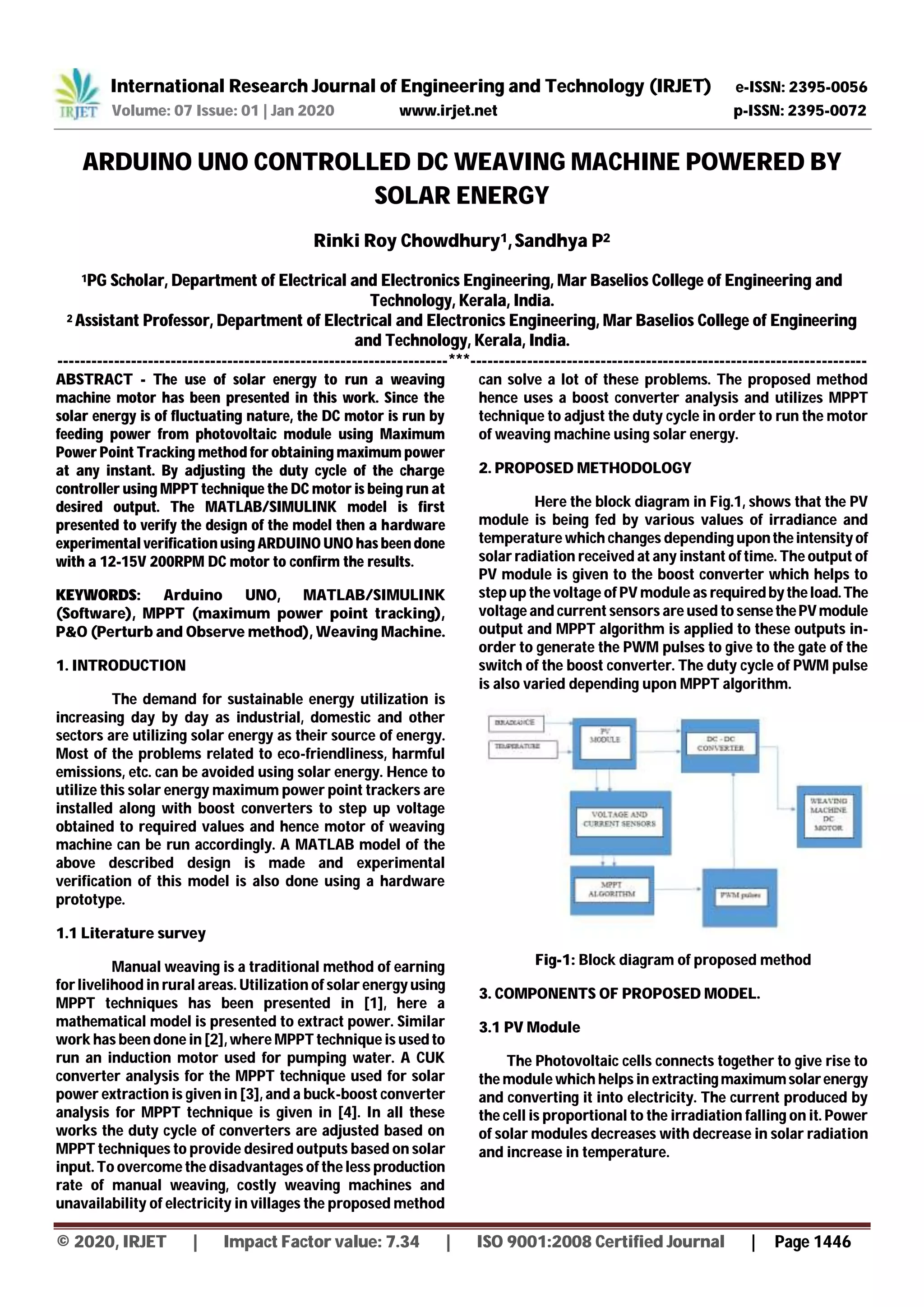 IRJET- Arduino UNO Controlled DC Weaving Machine Powered by Solar ...
