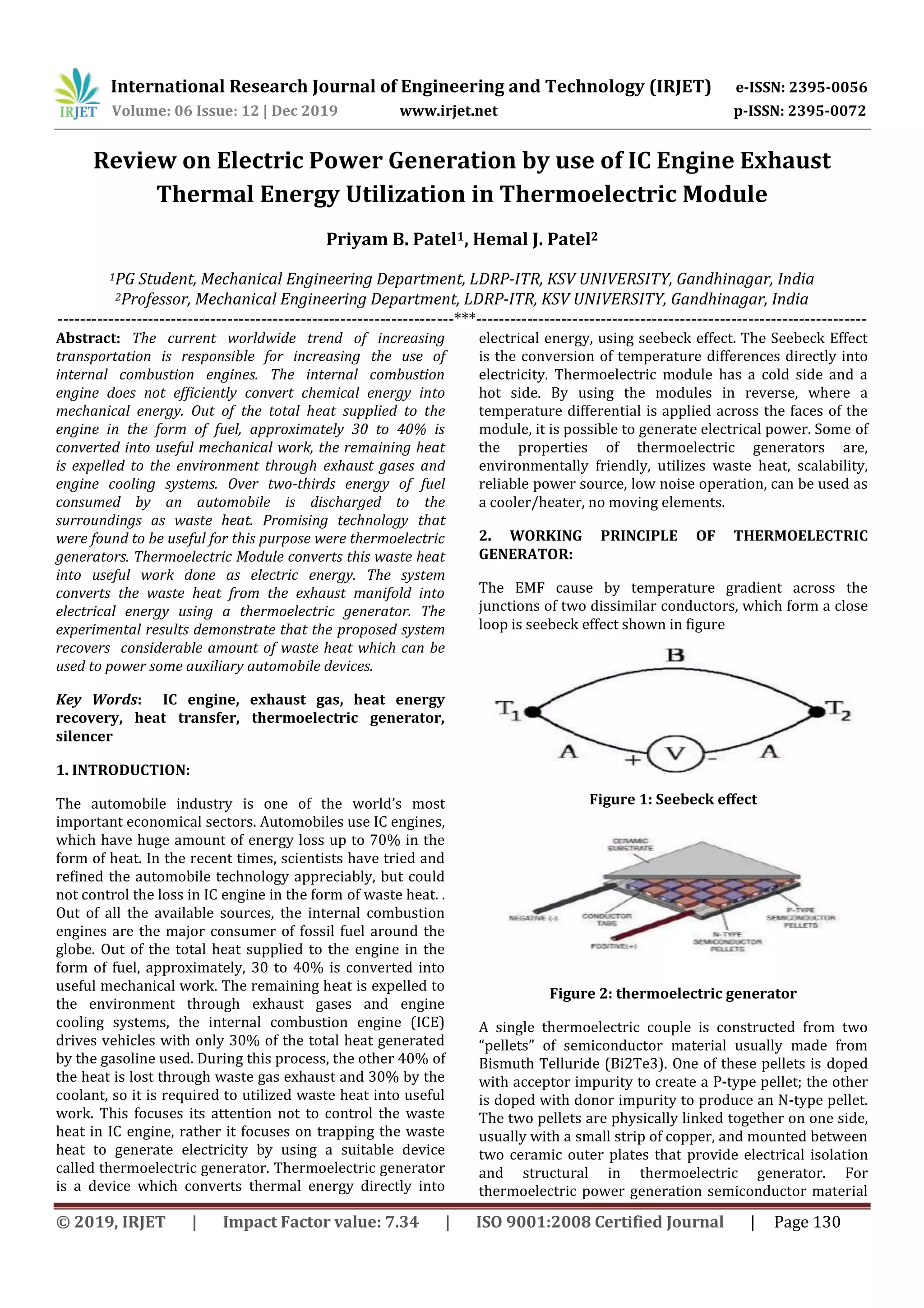 IRJET- Review on Electric Power Generation by use of IC Engine Exhaust Thermal Energy ...