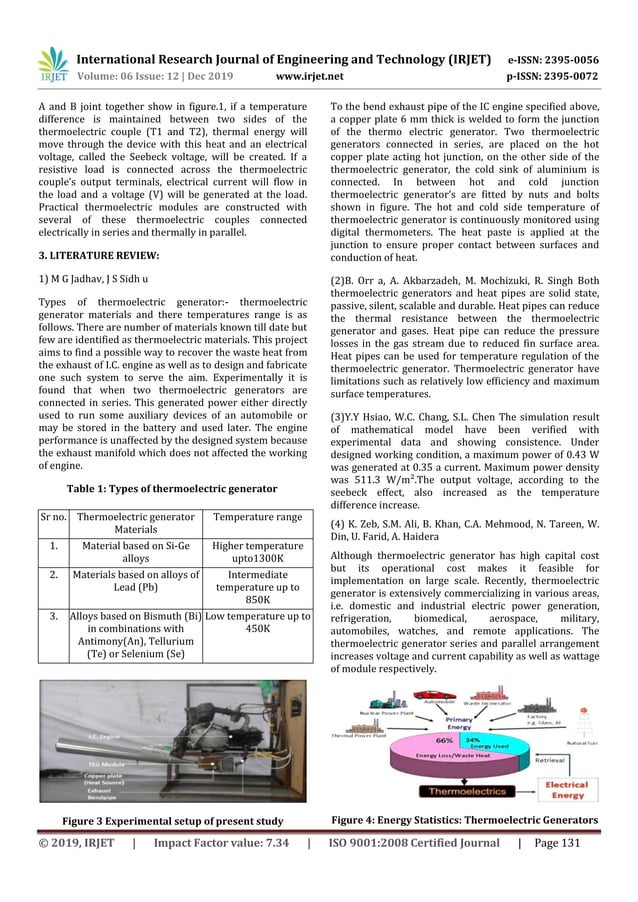 IRJET- Review on Electric Power Generation by use of IC Engine Exhaust Thermal Energy ...