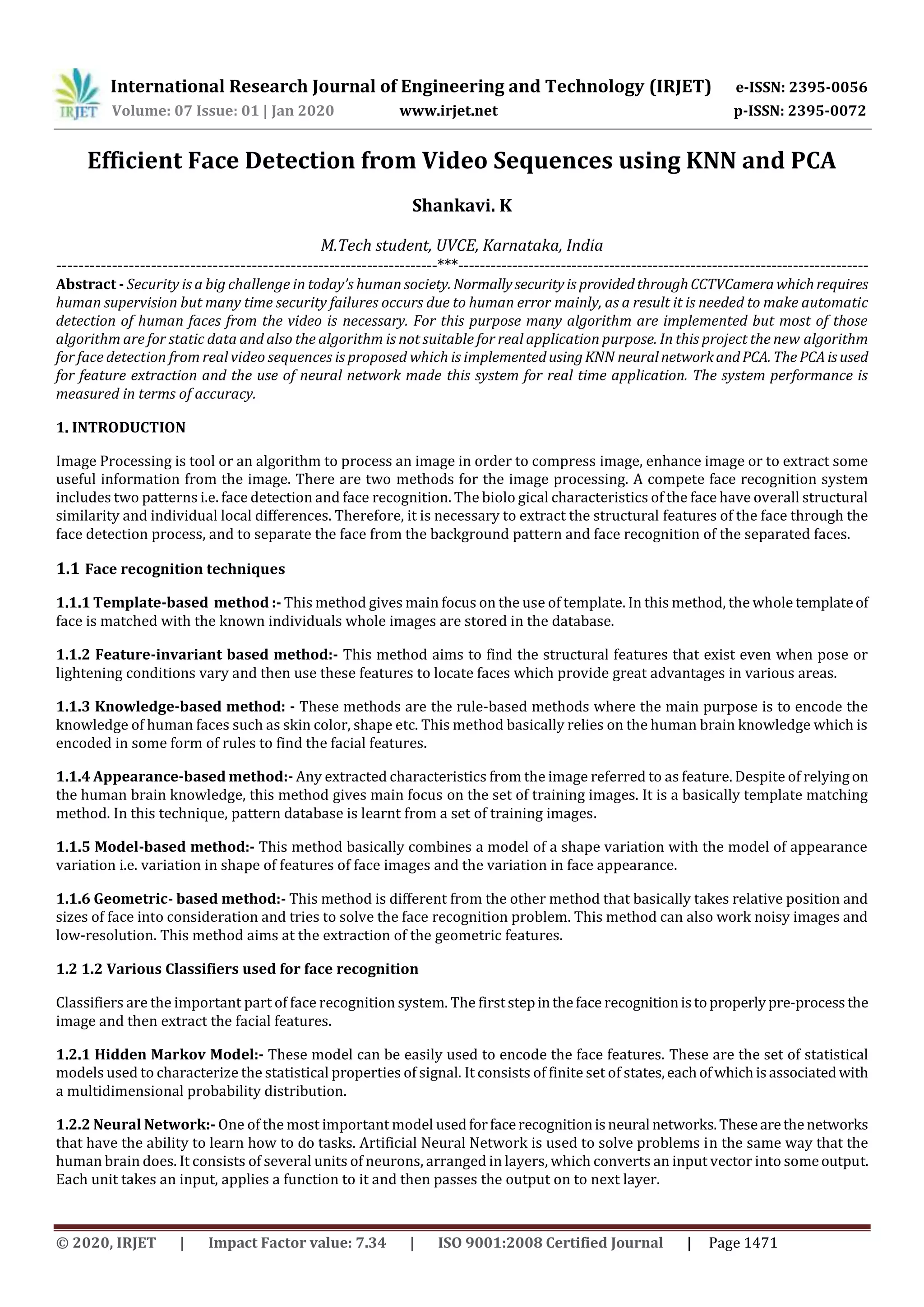 Irjet Efficient Face Detection From Video Sequences Using Knn And Pca Pdf Computing