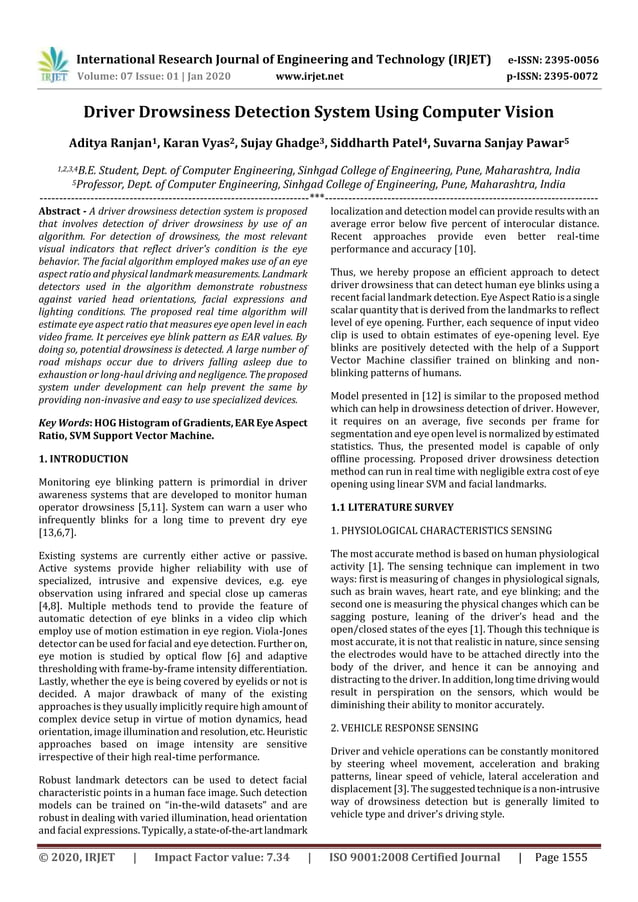 IRJET- Driver Drowsiness Detection System using Computer Vision | PDF