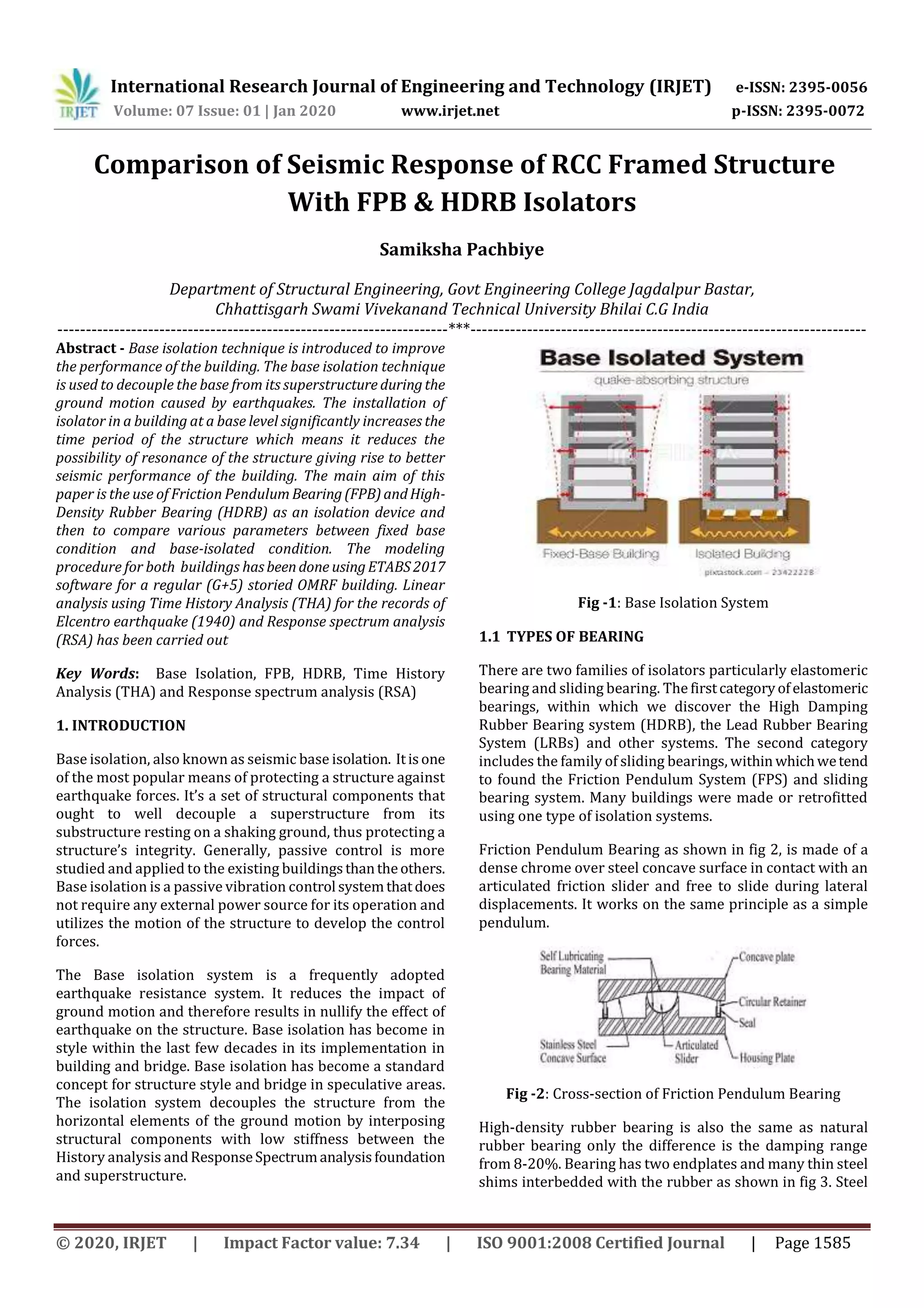 IRJET- Comparison of Seismic Response of RCC Framed Structure with FPB & HDRB Isolators | PDF